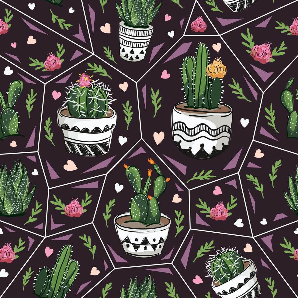 Vector seamless pattern with succulents and cactuses. Creative hand drawn seamless pattern ...