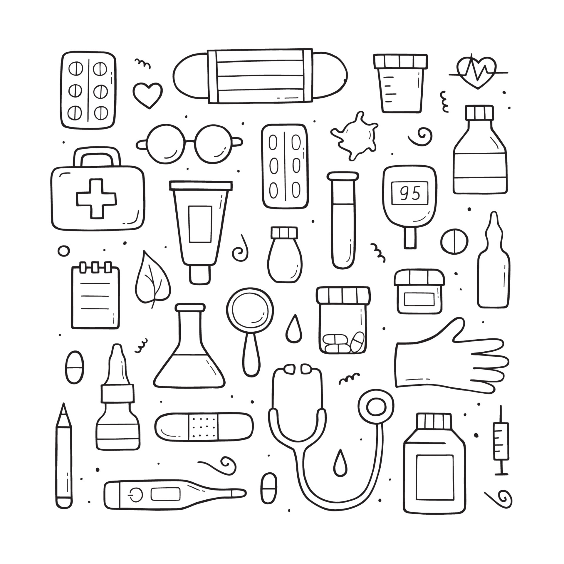 Hand Drawn Set Of Medical Doodle Objects Elements And Items International Nurse Day Isolated