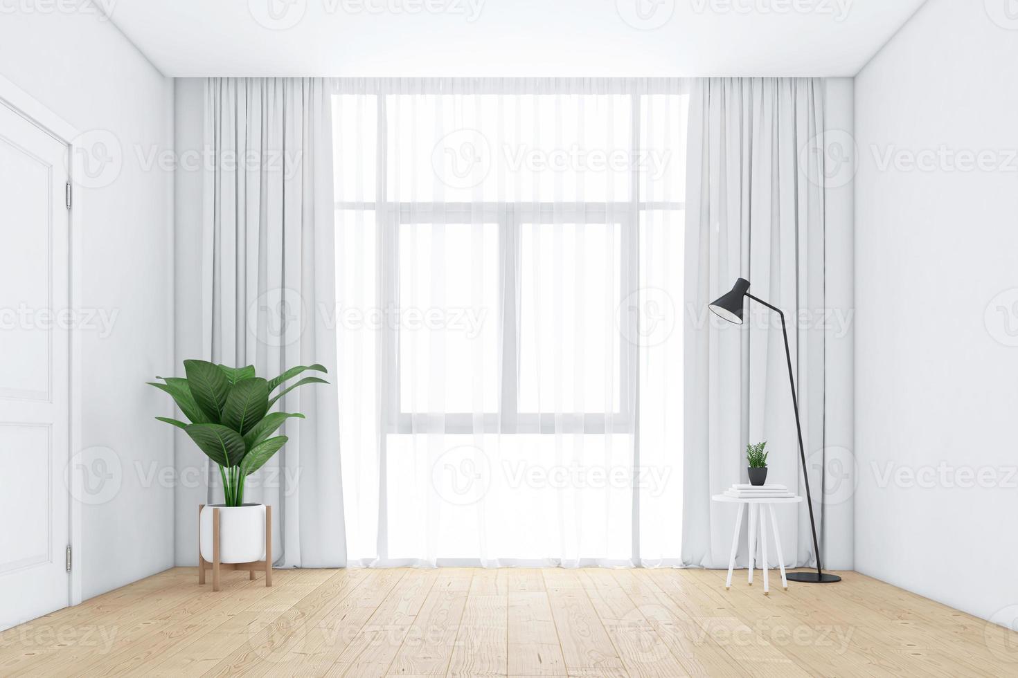 Empty room with windows and white curtains, wooden floor. 3d rendering ...