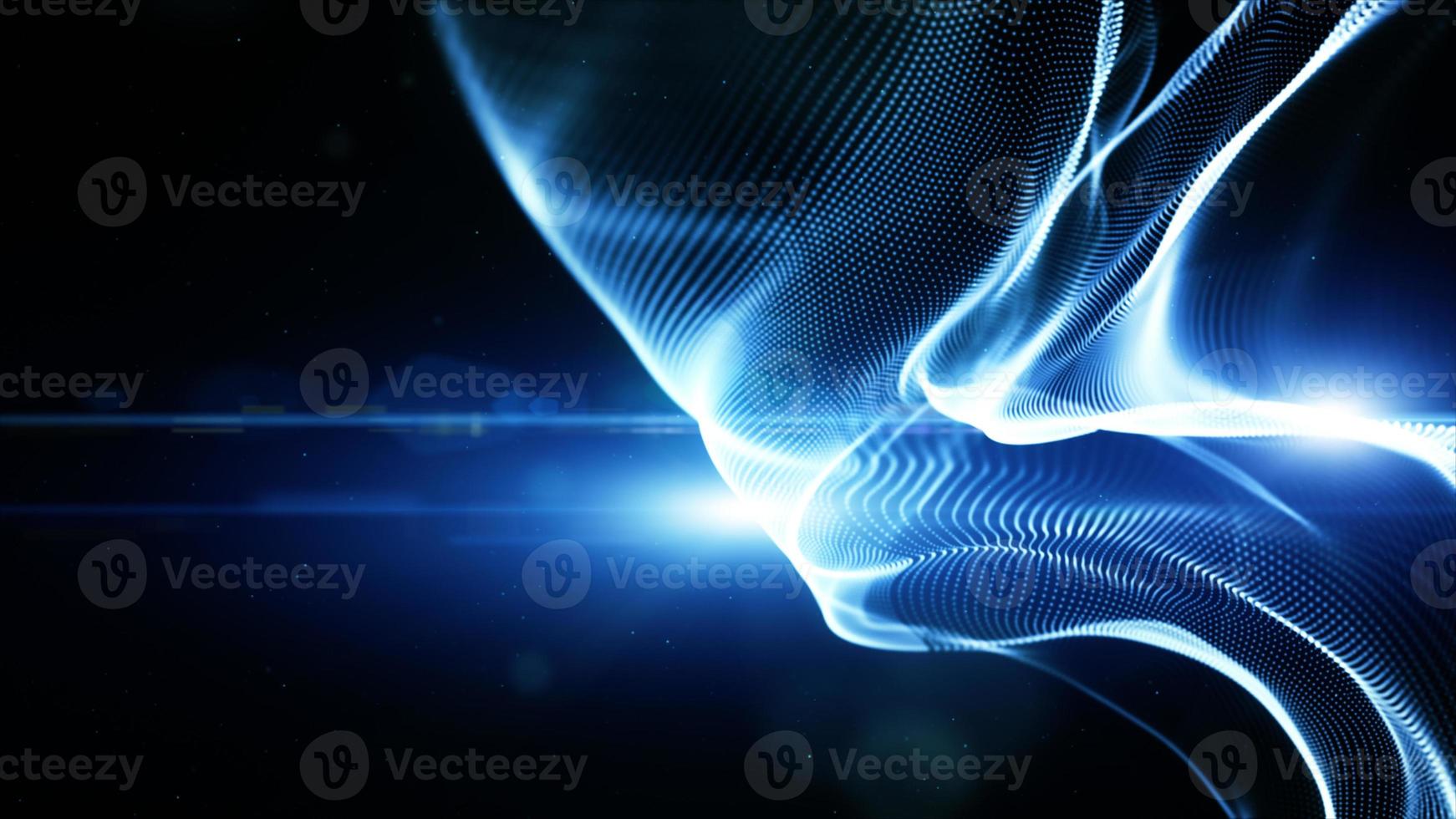 Blue color digital particles wave flow and lighting. Technology abstract background concept ...