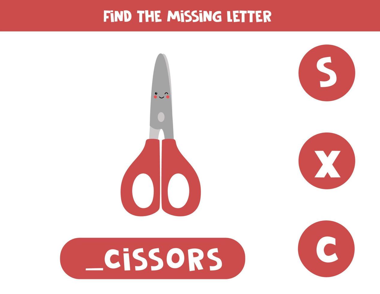 Find missing letter with cute scissors. Spelling worksheet. 6681694 Vector Art at Vecteezy