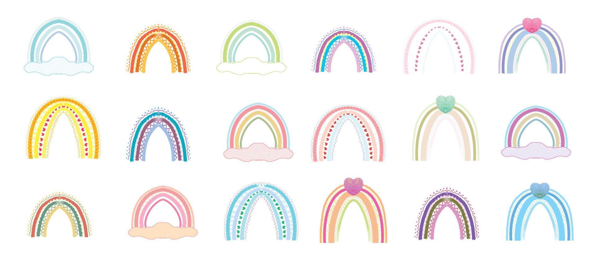 Scandinavian boho rainbows set with clouds and hearts isolated on white ...