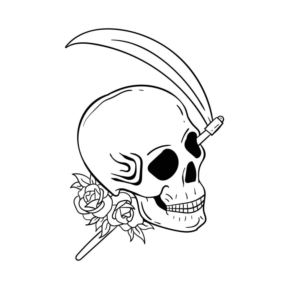 Hand Drawn Skull Flower Doodle Illustration For Tattoo Stickers Etc