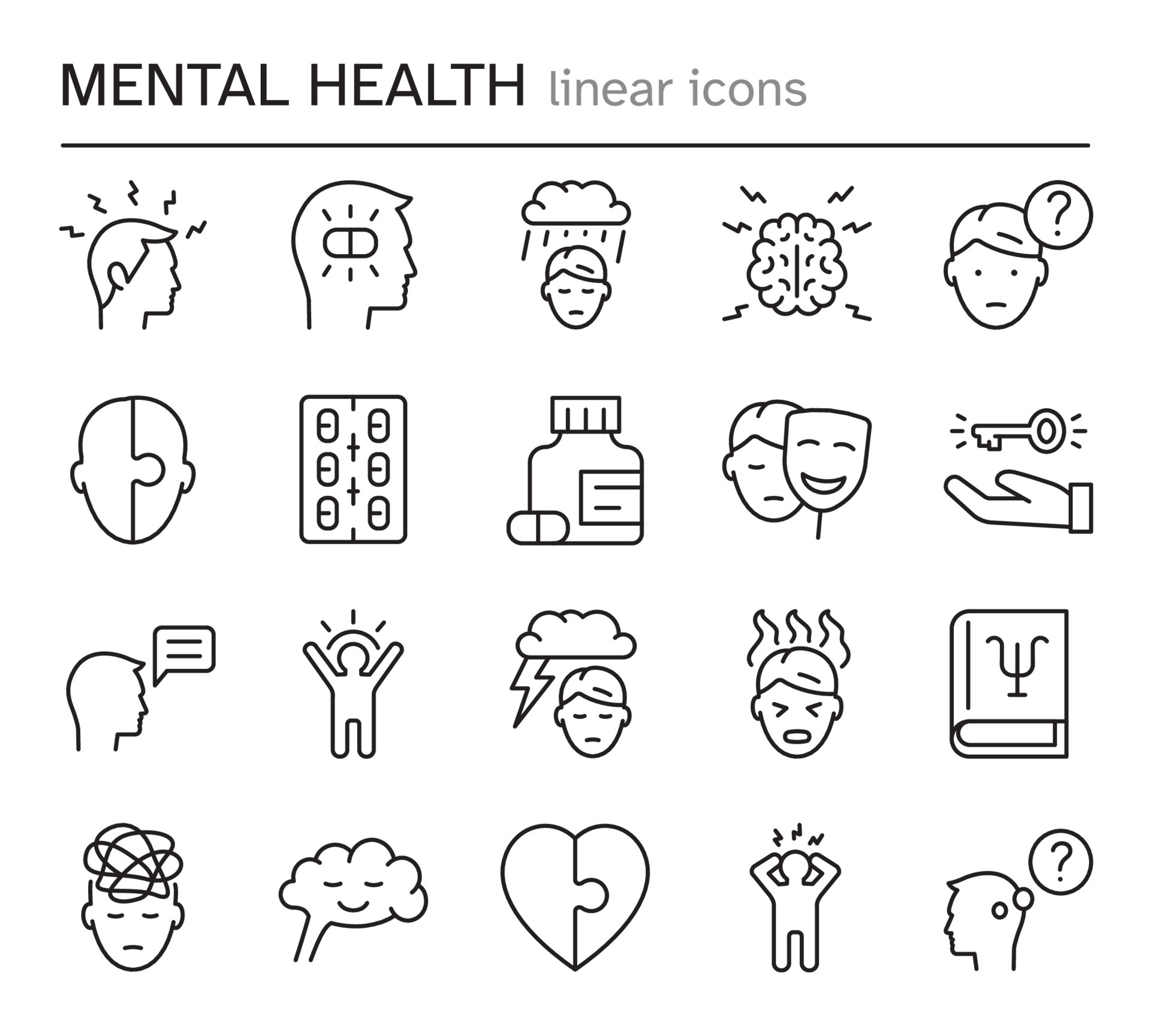 Mental health thin line icons set. Psychology concept. Mono line vector ... Mental health thin line icons set. Psychology concept. Mono line vector ...