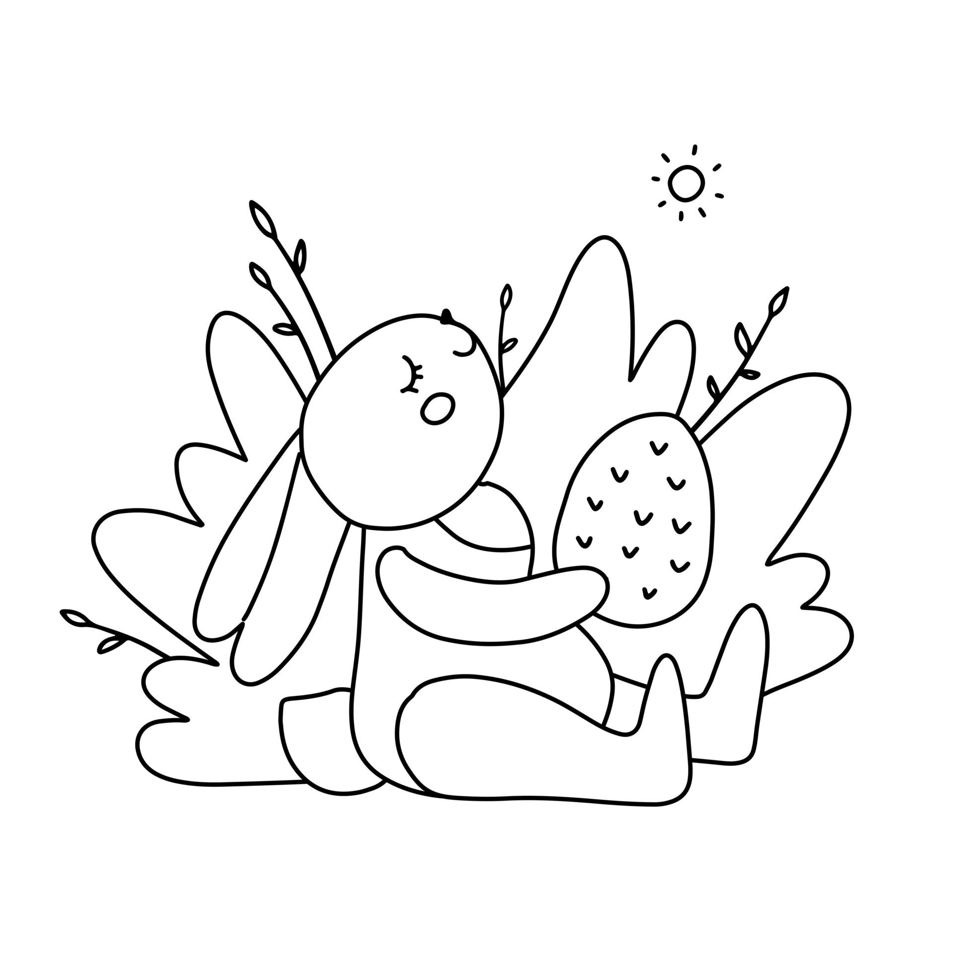 Coloring page template - sitting Easter Bunny with Easter egg. Black ...