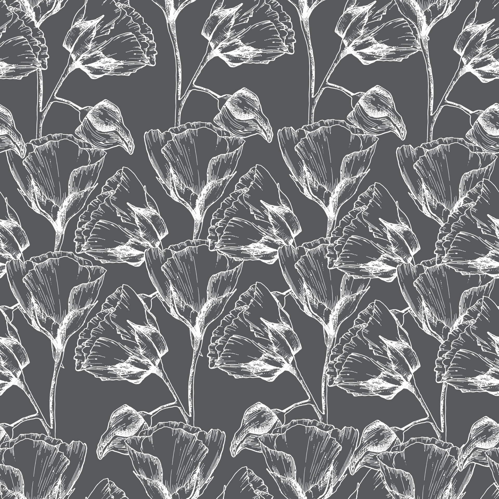 Grayscale vector seamless pattern with white hand-drawn flowers. All ...