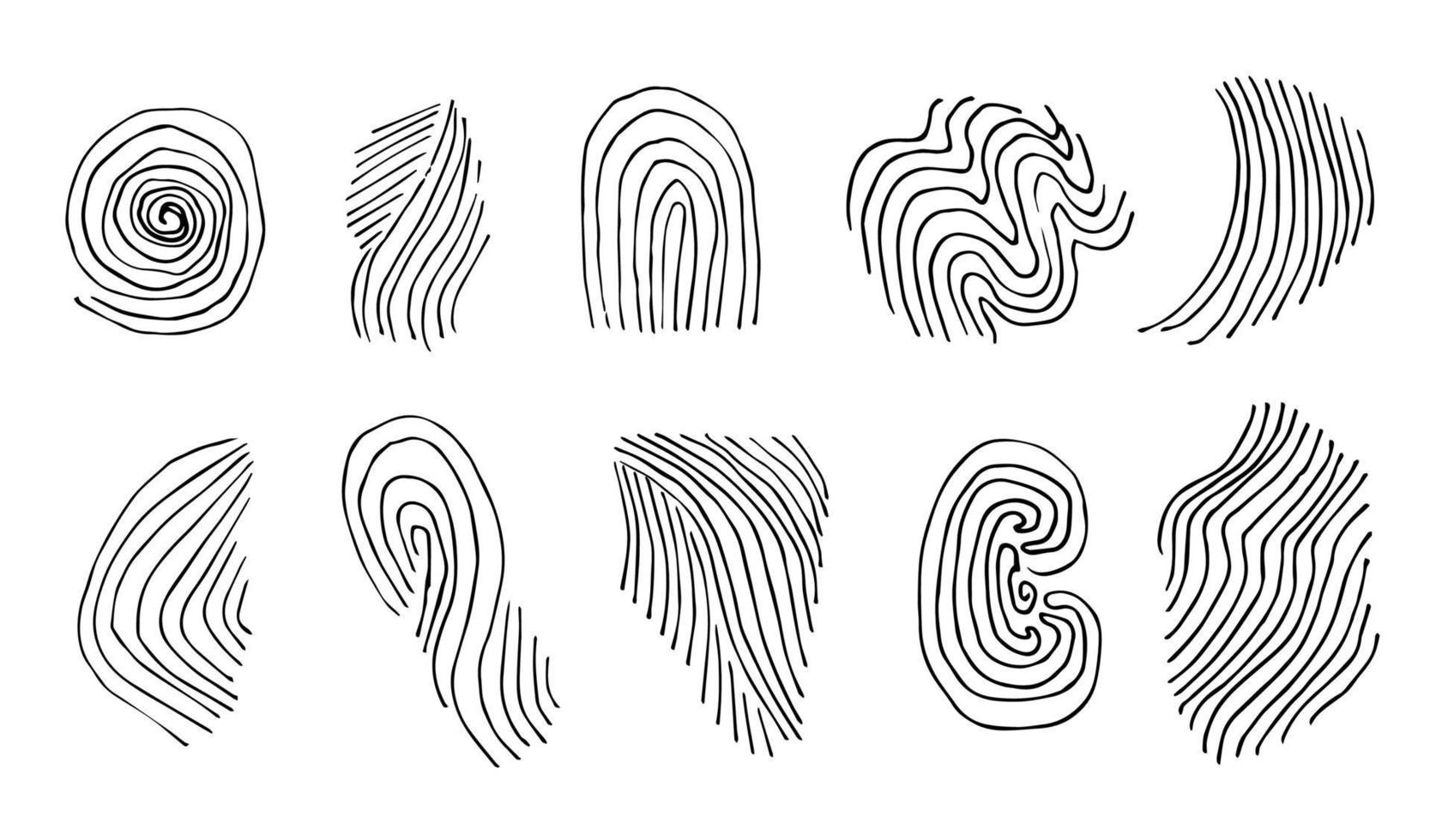 Vector black outline set. Wavy lines, doodle, curve, fingerprints, ink ...