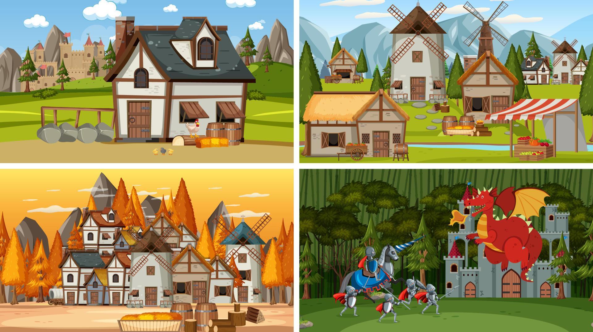 Set of different scene medieval 6772948 Vector Art at Vecteezy