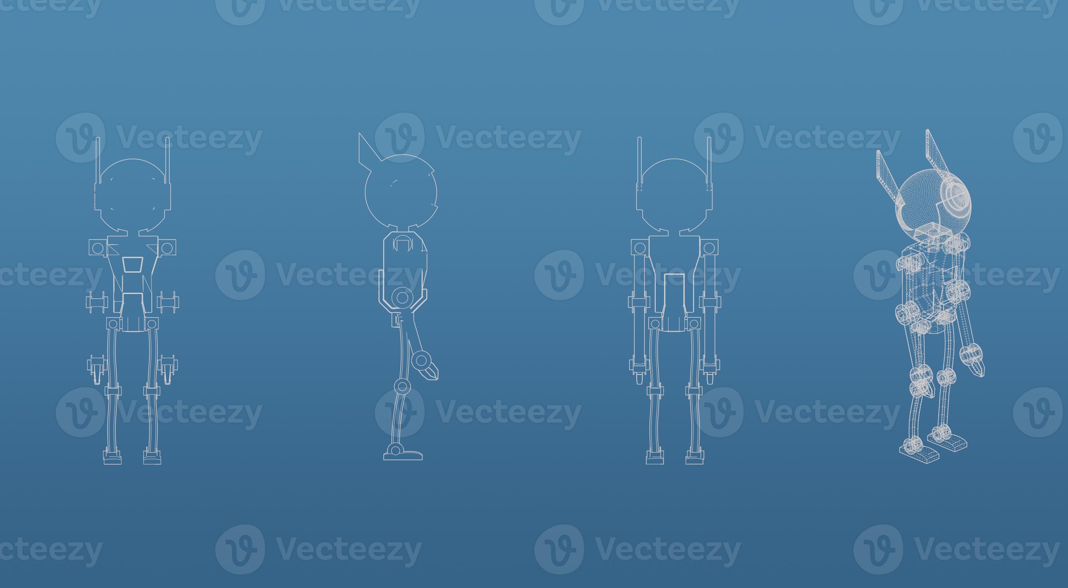 Robot 3d blueprint mesh model on a blue background. Front view ...