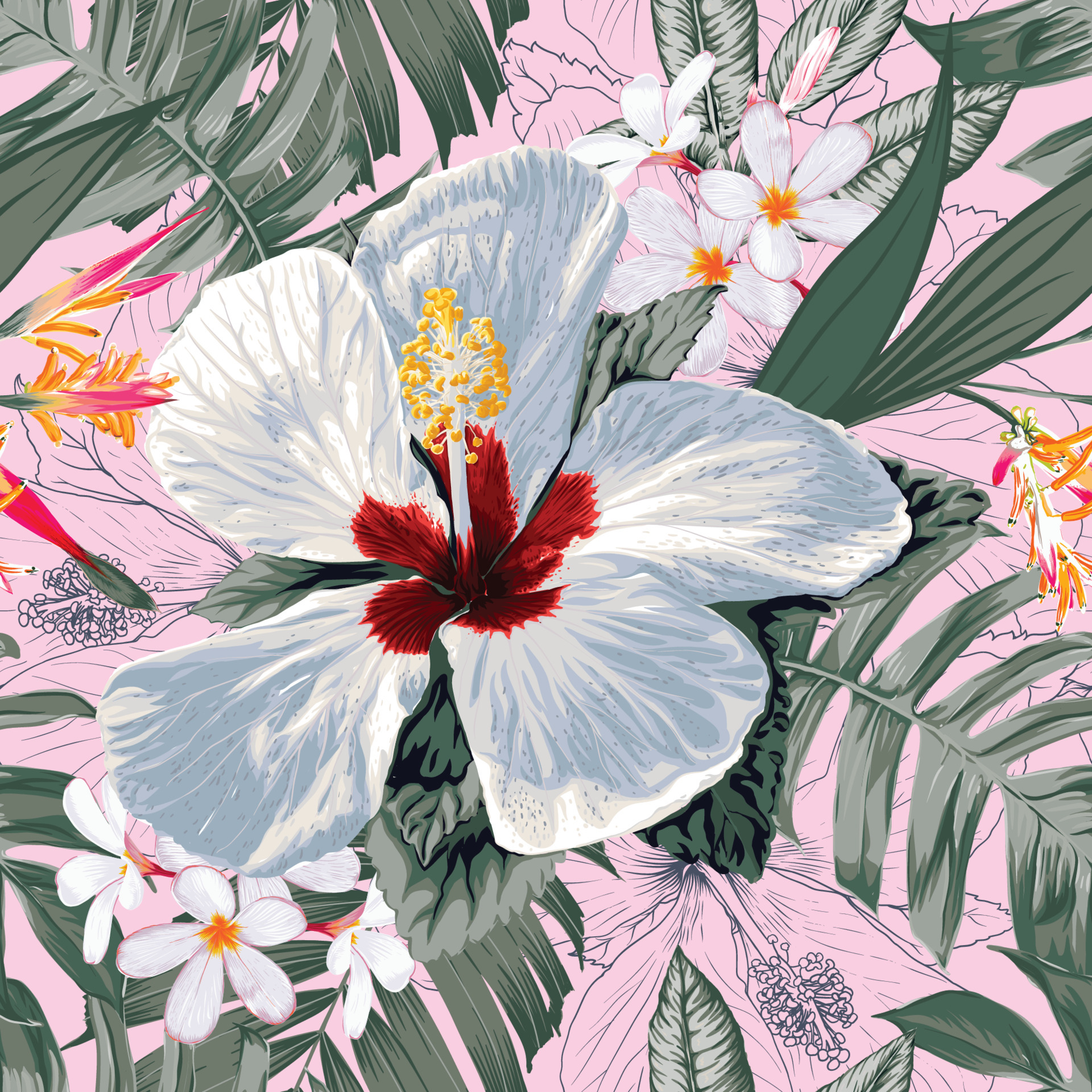 Seamless Pattern Floral With Hibiscus And Frangipani Flowers Abstract
