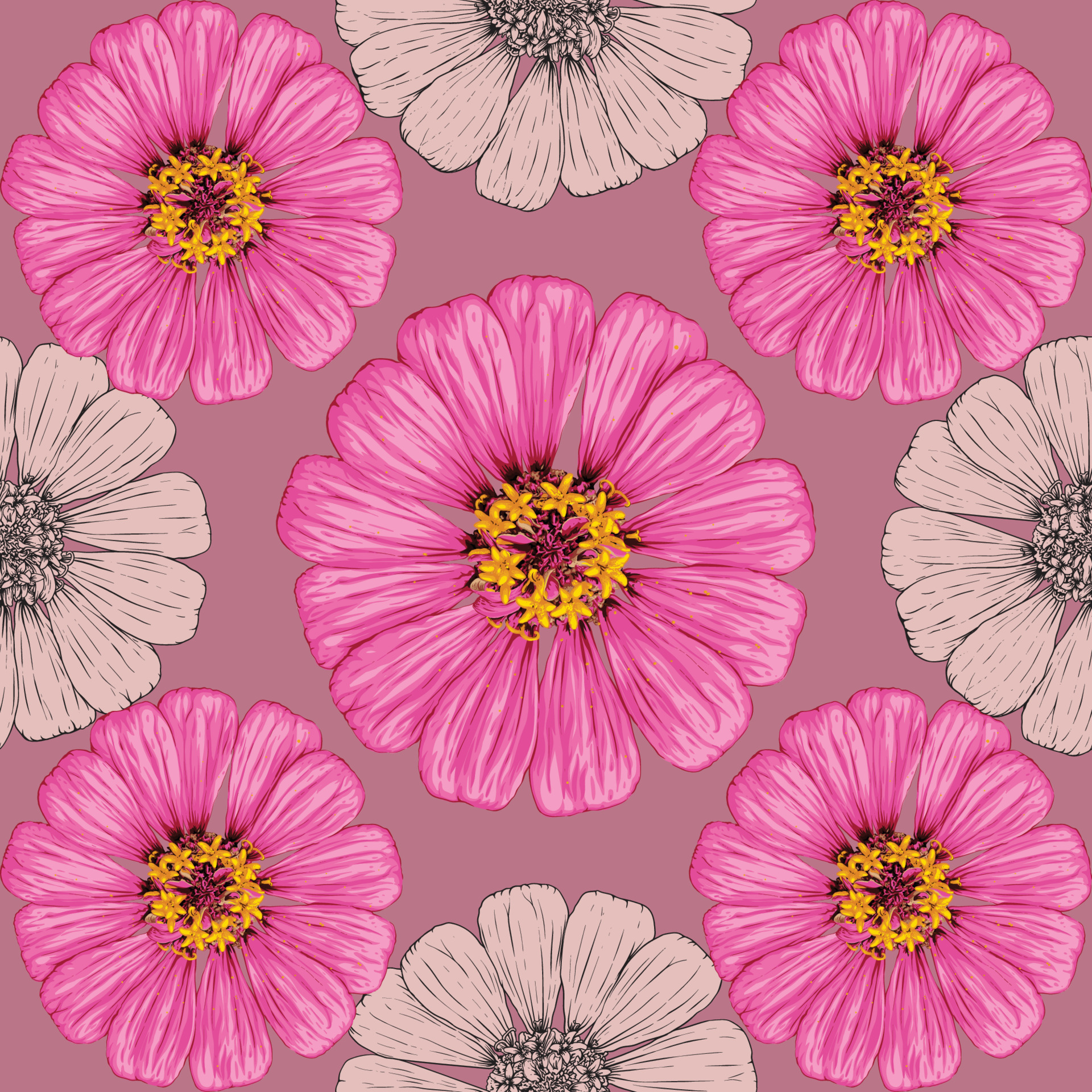 Seamless pattern floral with vintage Zinnia flowers black color ... Seamless pattern floral with vintage Zinnia flowers black color ...