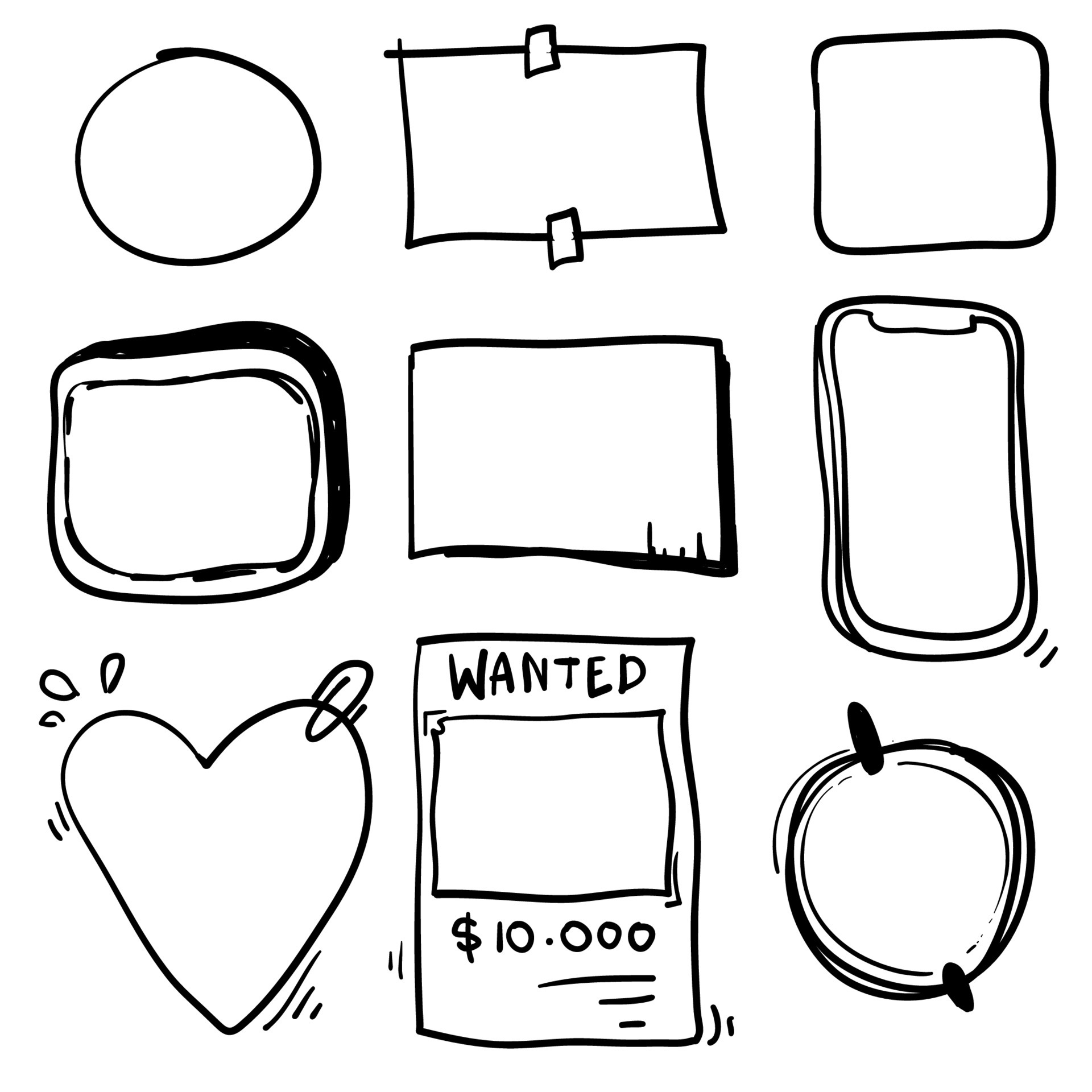 Hand Drawn Set Of Simple Frame And Border With Different Shapes Heart Square Oval Cut