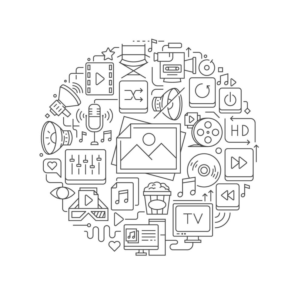 Multimedia concept in thin flat illustration. Multimedia line icons in ...