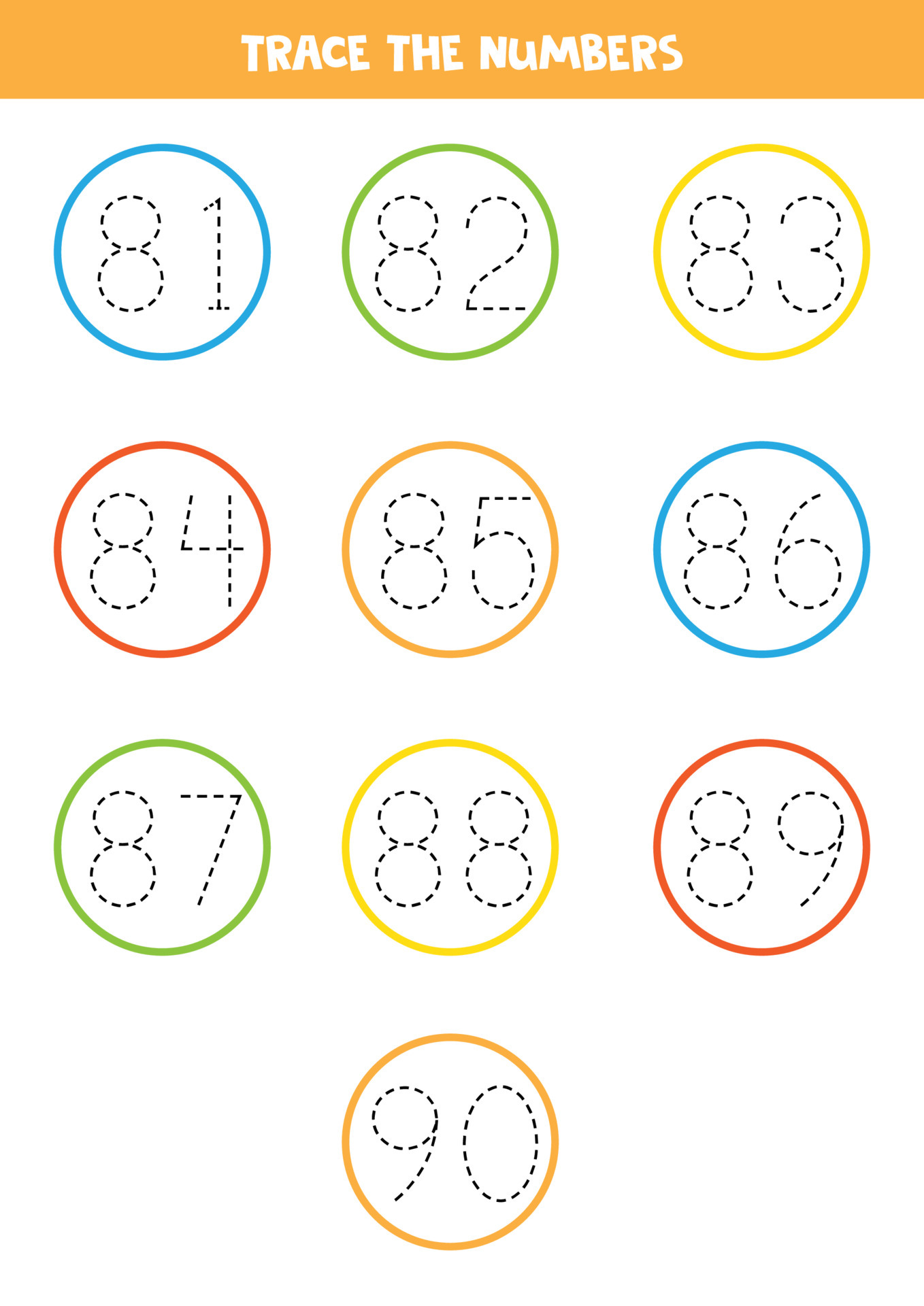 Tracing numbers from 81 to 90. Writing practice. 6794074 Vector Art at ...