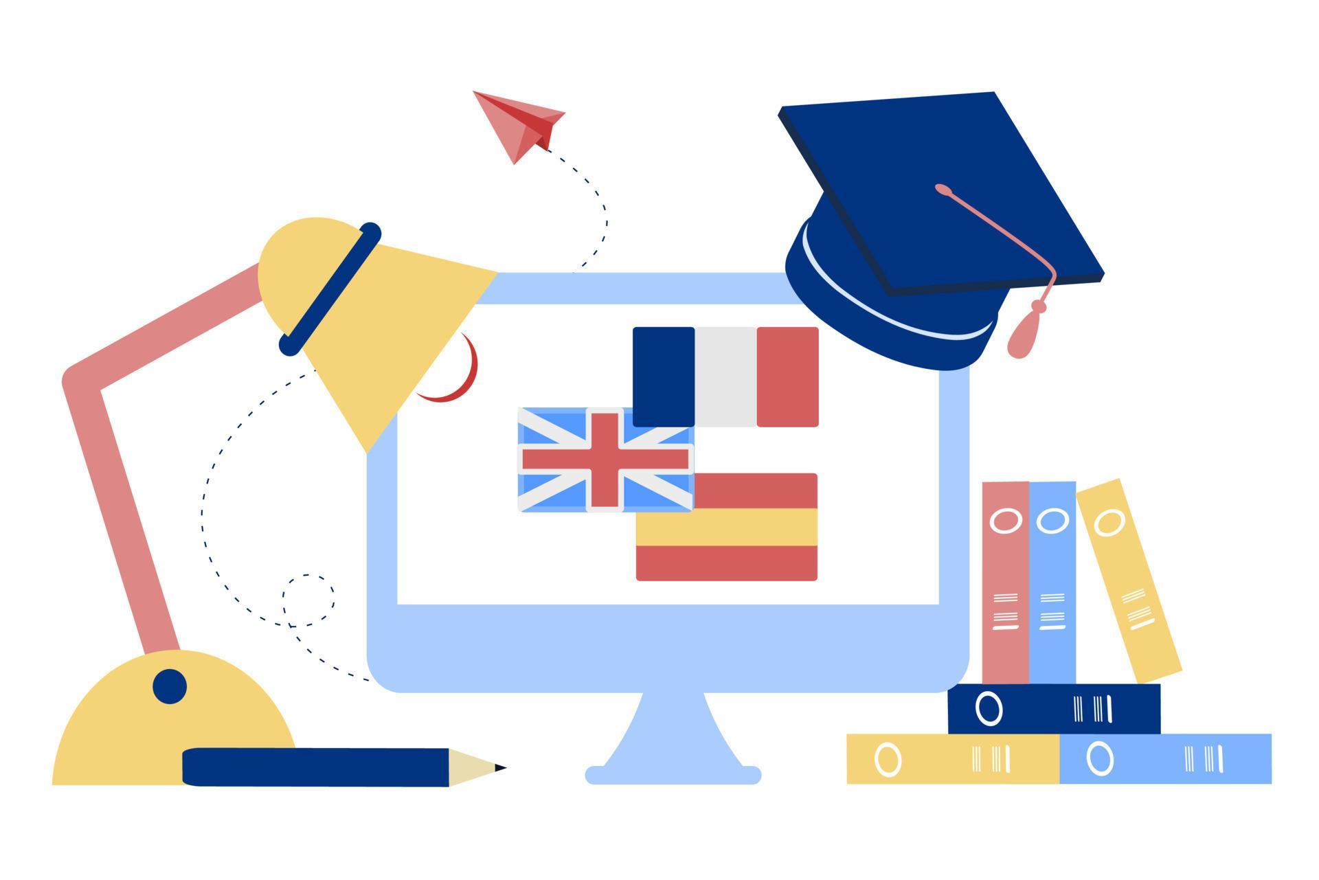 Modern 3D online languages learning class, language courses banner ...