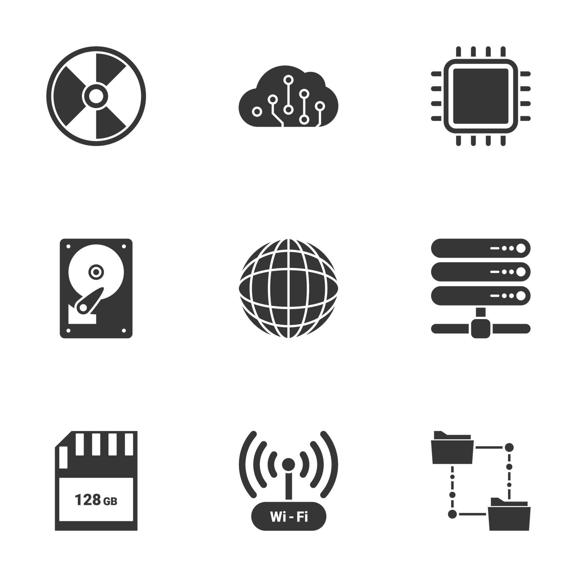 Vector illustration on computer technology and data exchange. White ...