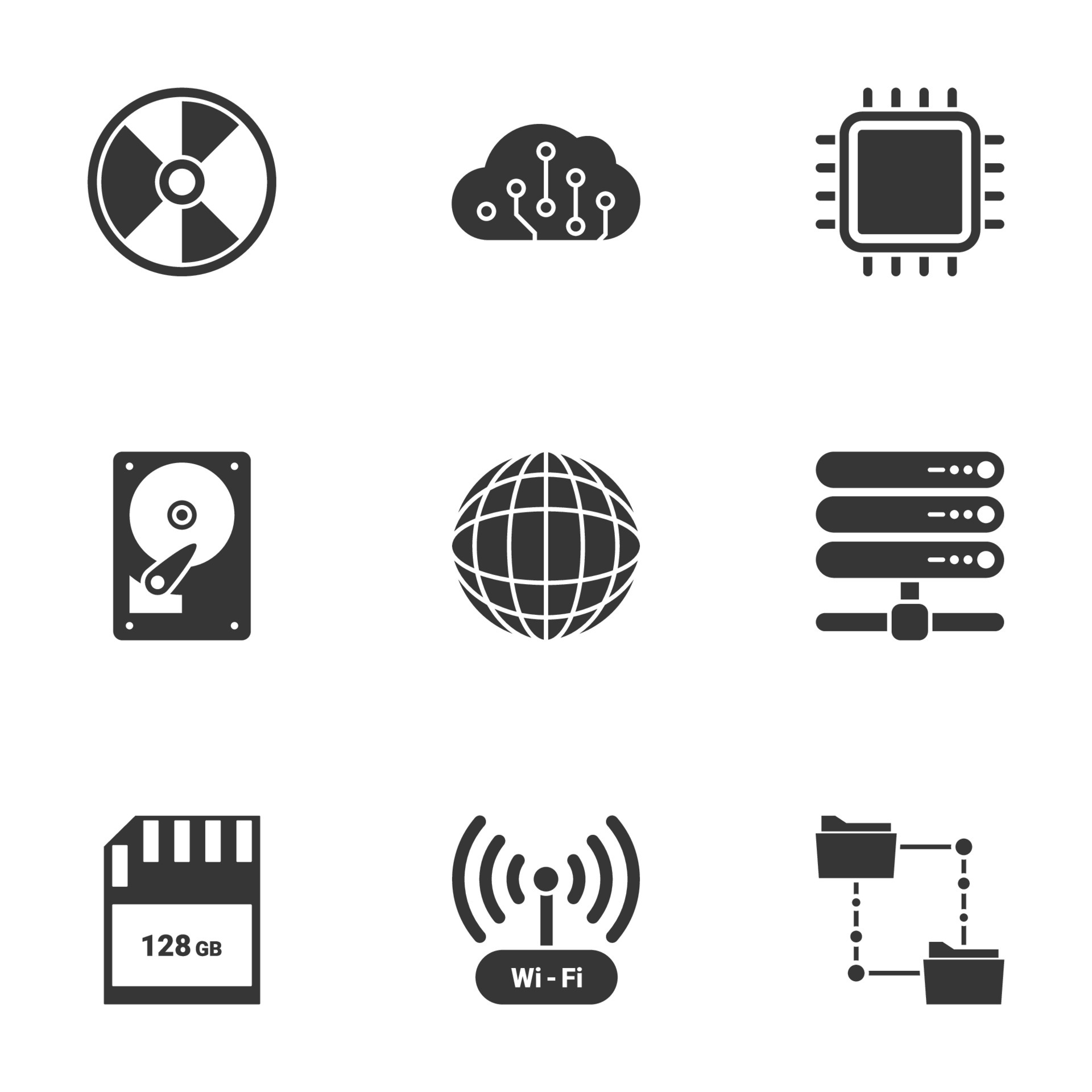 Vector illustration on computer technology and data exchange. White ...