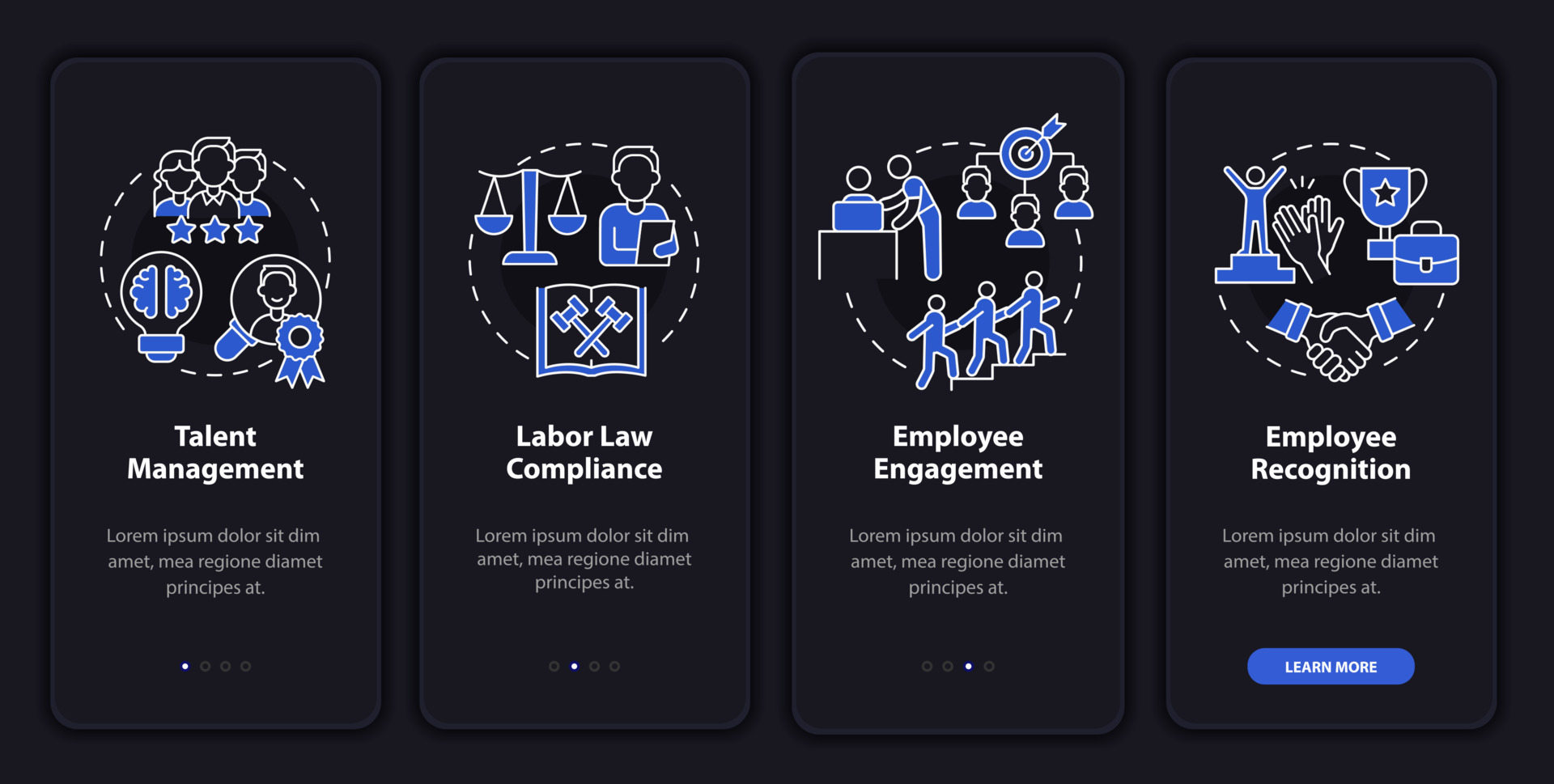 Hr Manager Duties Night Mode Onboarding Mobile App Screen Walkthrough 4 Steps Graphic