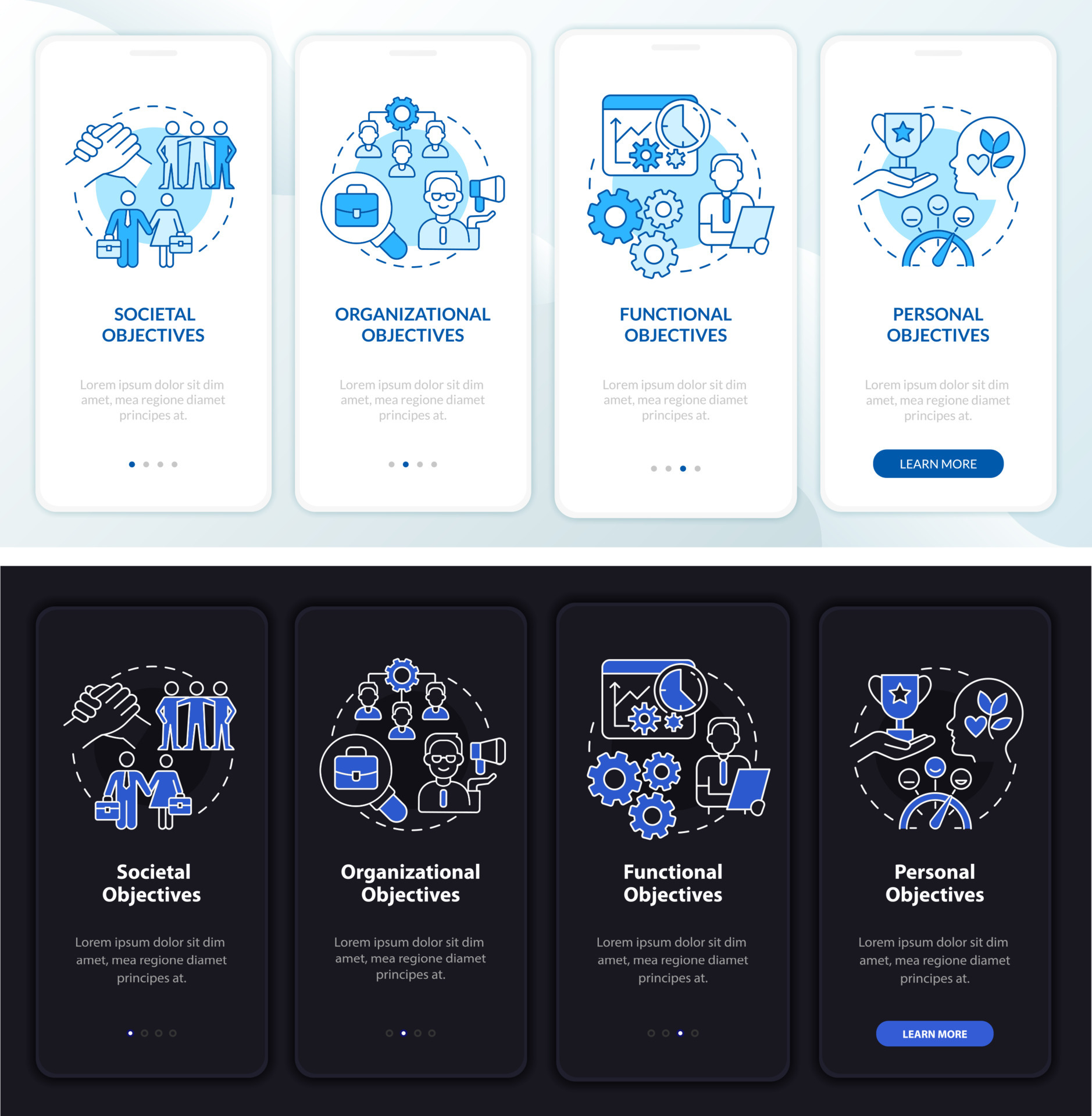 Objective Of Hr Management Night Day Mode Onboarding Mobile App Screen Walkthrough 4 Steps