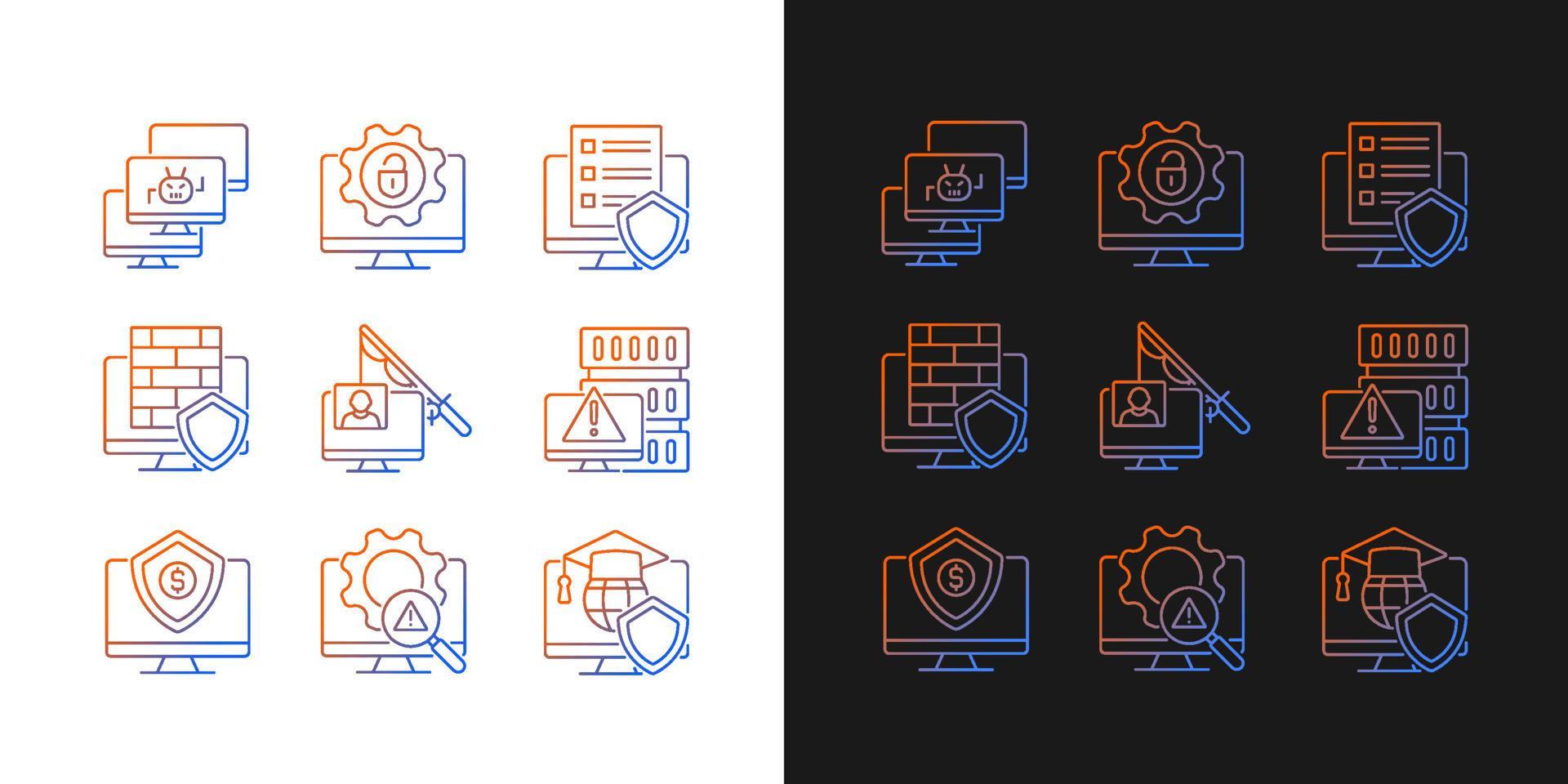 Cybercrime and its prevention gradient icons set for dark and light ...