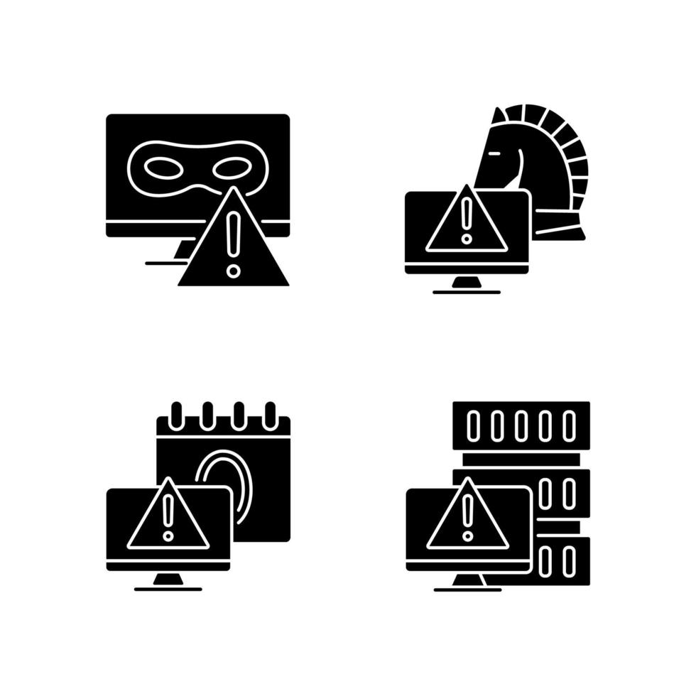 Computer system attacks black glyph icons set on white space. Trojan ...