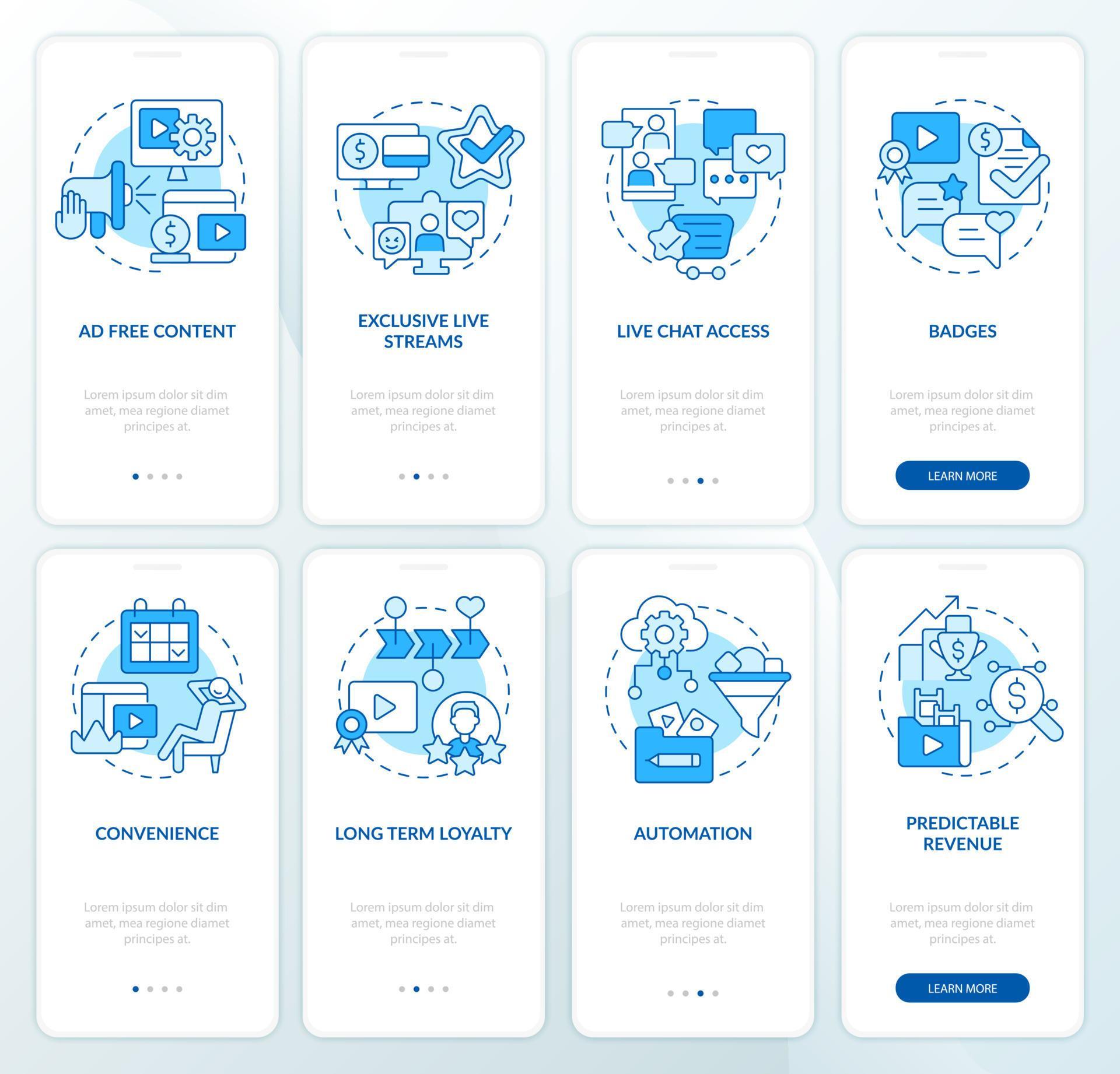 Subscription benefits blue onboarding mobile app screen set ...