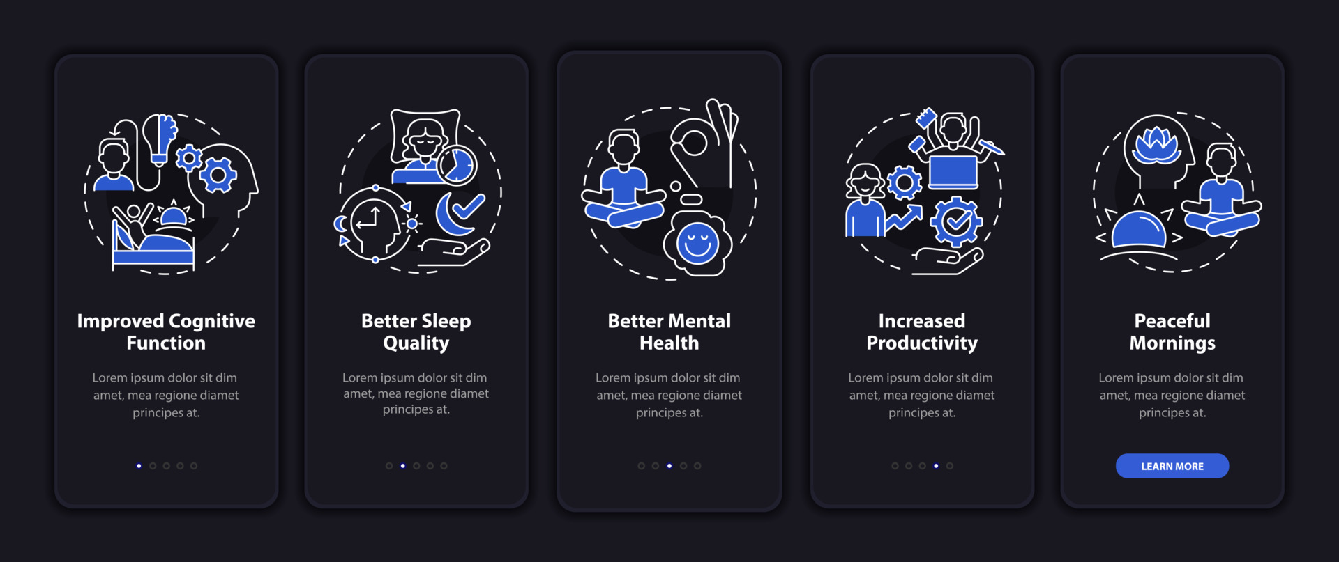 Waking Up Early Benefits Night Mode Onboarding Mobile App Screen
