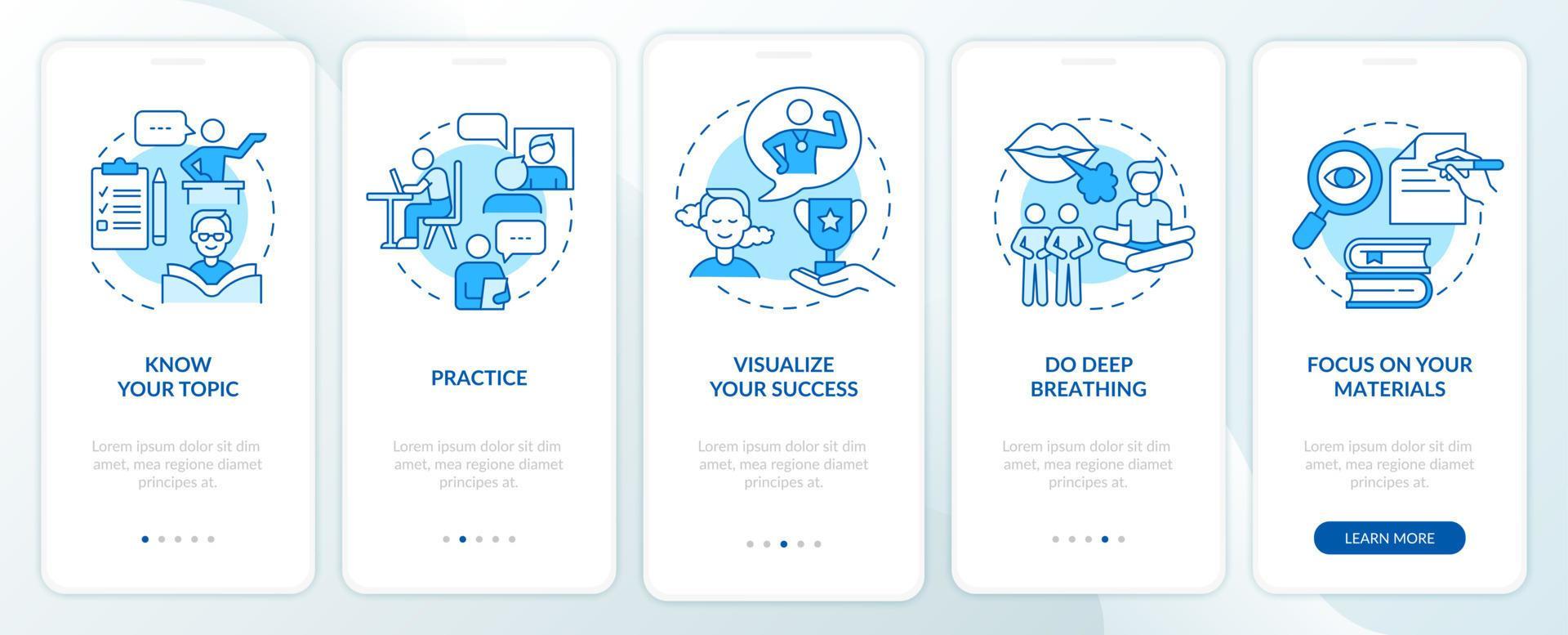 Public Speaking Fear Overcoming Blue Onboarding Mobile App Screen Health Walkthrough 5 Steps