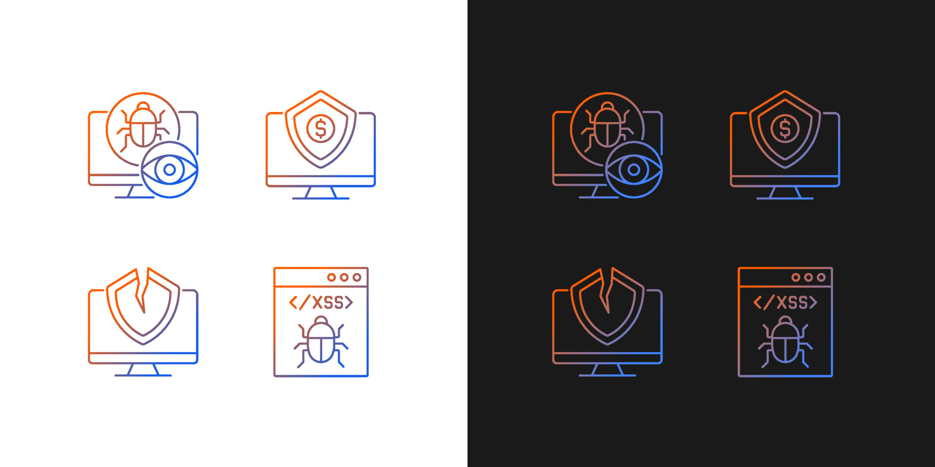 Computer Vulnerability Exploitation Gradient Icons Set For Dark And