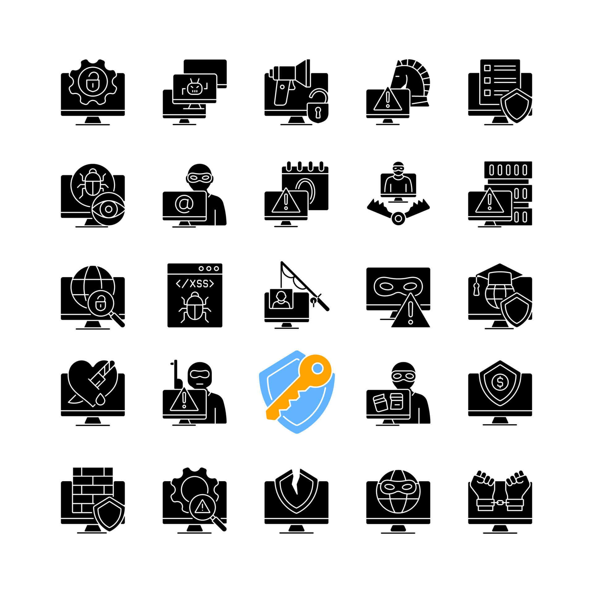 Hacker attack black glyph icons set on white space. Cybercrime ...