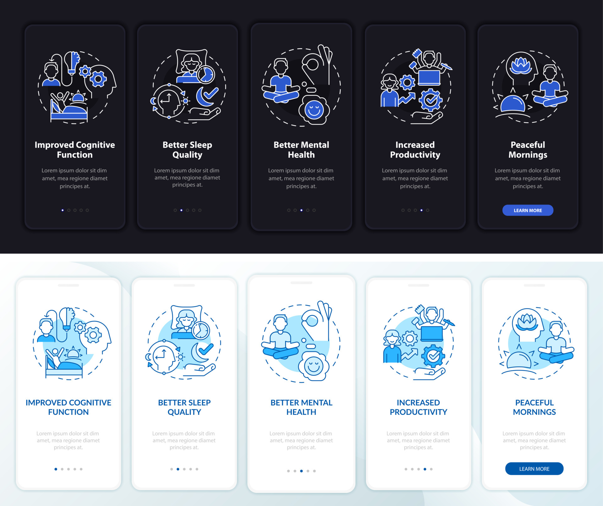 Waking Up Early Night And Day Mode Onboarding Mobile App Screen Life Walkthrough 5 Steps