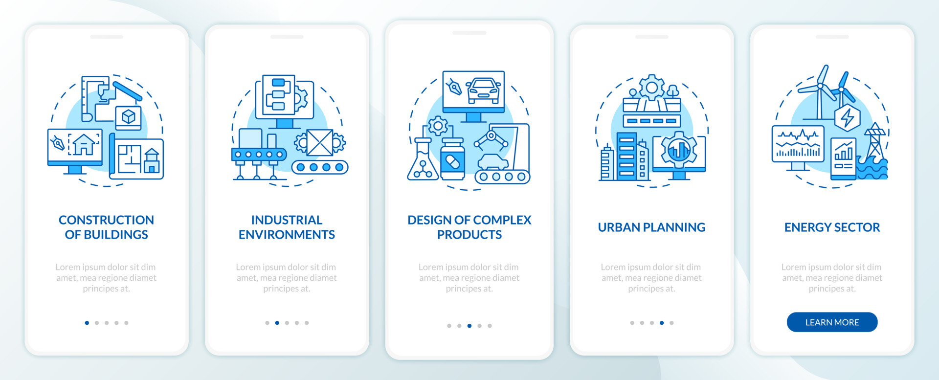 Digital Twin Use Cases Blue Onboarding Mobile App Screen Urban Planning Walkthrough 5 Steps