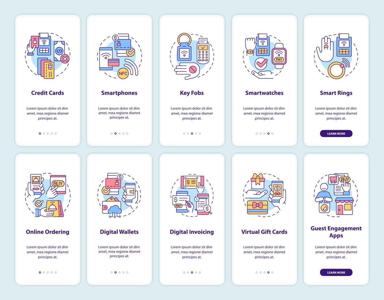 Contactless Payment Onboarding Mobile App Screen Set Touchless Walkthrough 5 Steps Graphic