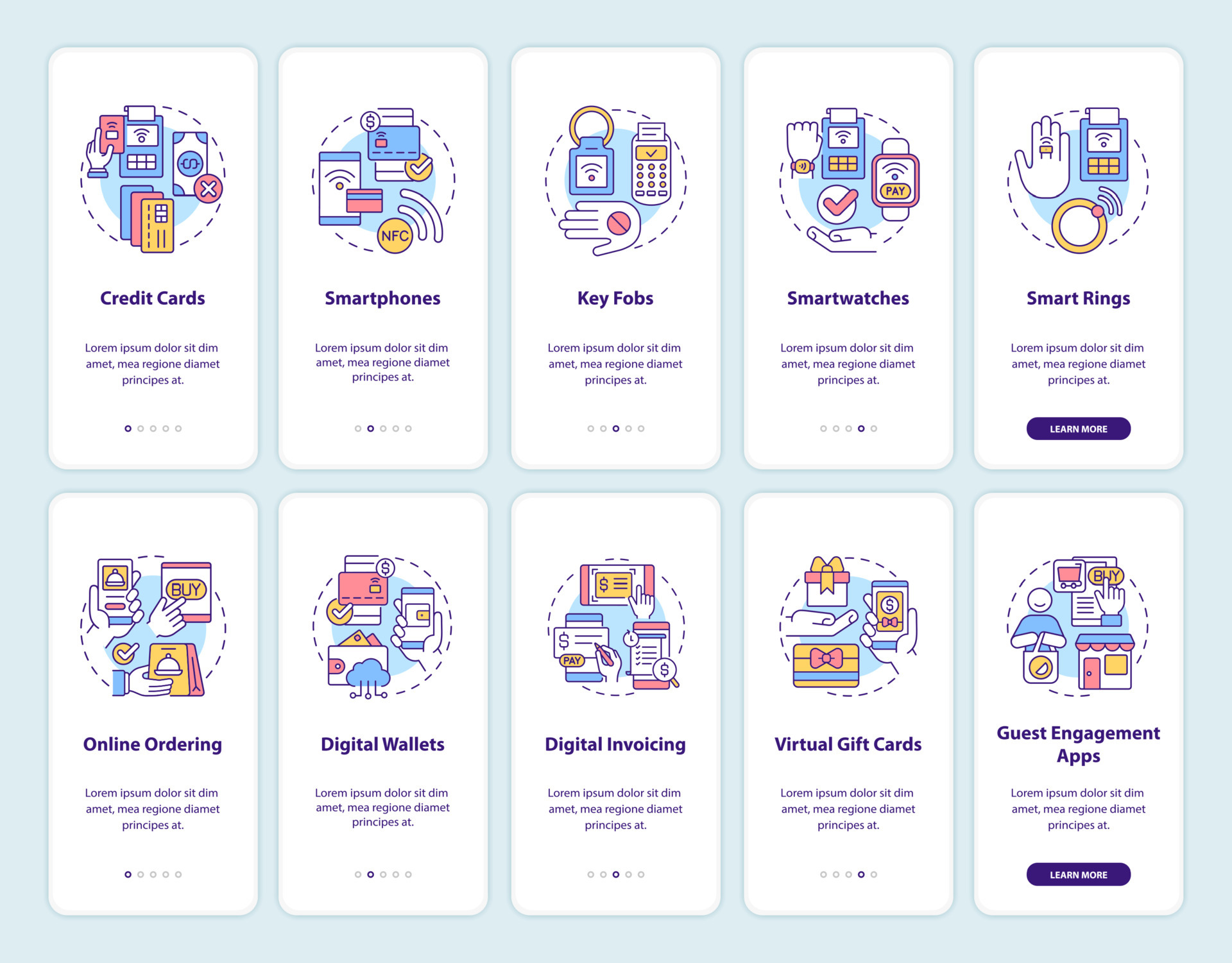 Contactless Payment Onboarding Mobile App Screen Set Touchless Walkthrough 5 Steps Graphic