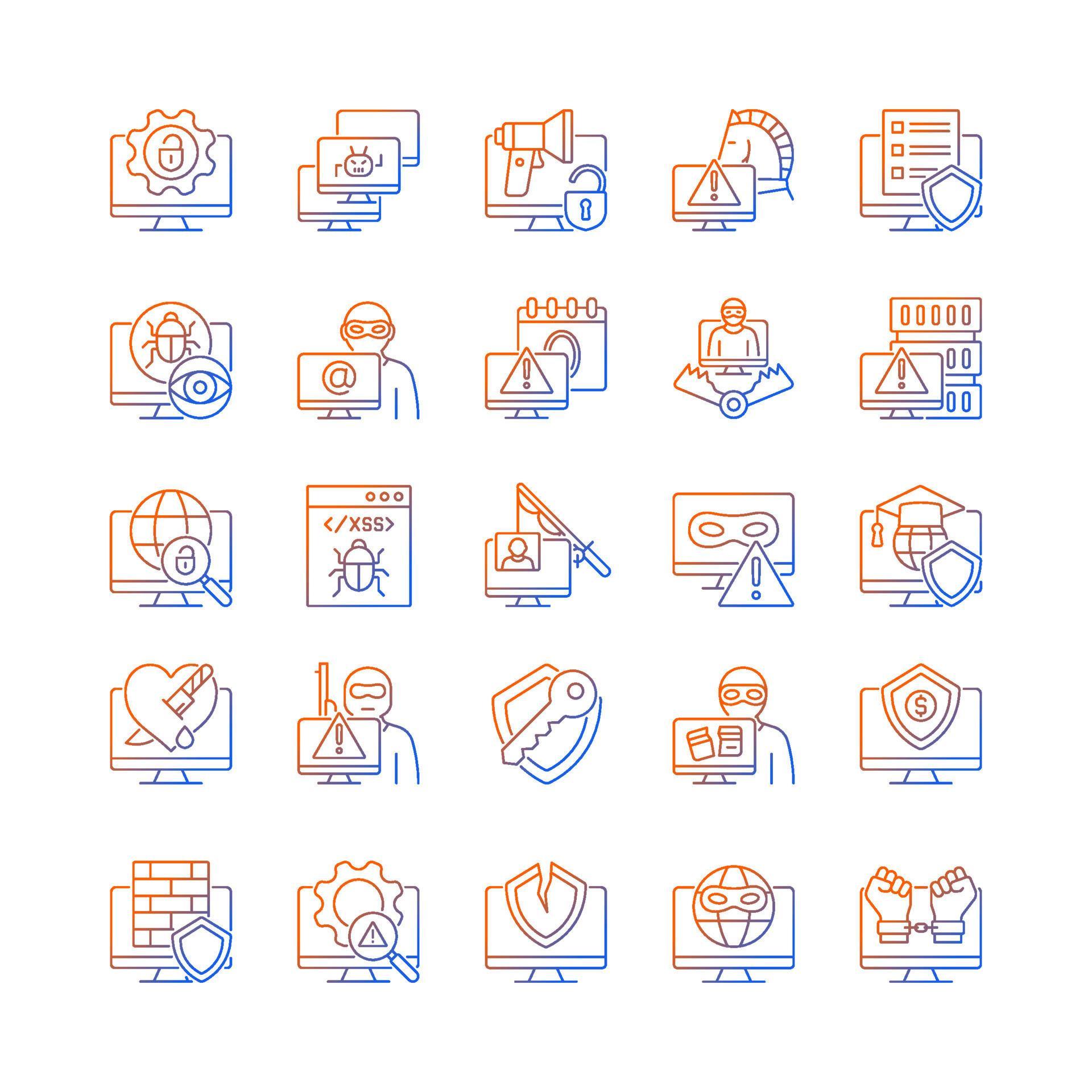 Hacker attack gradient linear vector icons set. Cybercrime. Computer ...