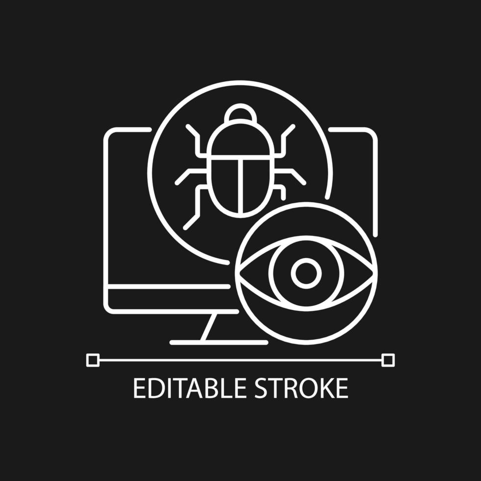 Spyware white linear icon for dark theme. Malicious software. Stealing ...