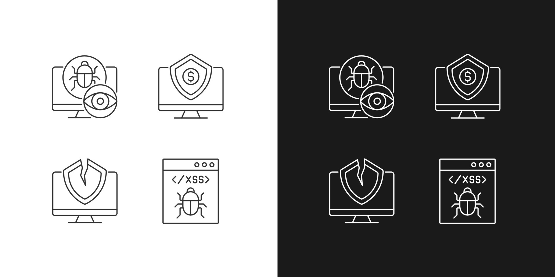 Computer vulnerability exploitation linear icons set for dark and light mode. Hacker attacks ...