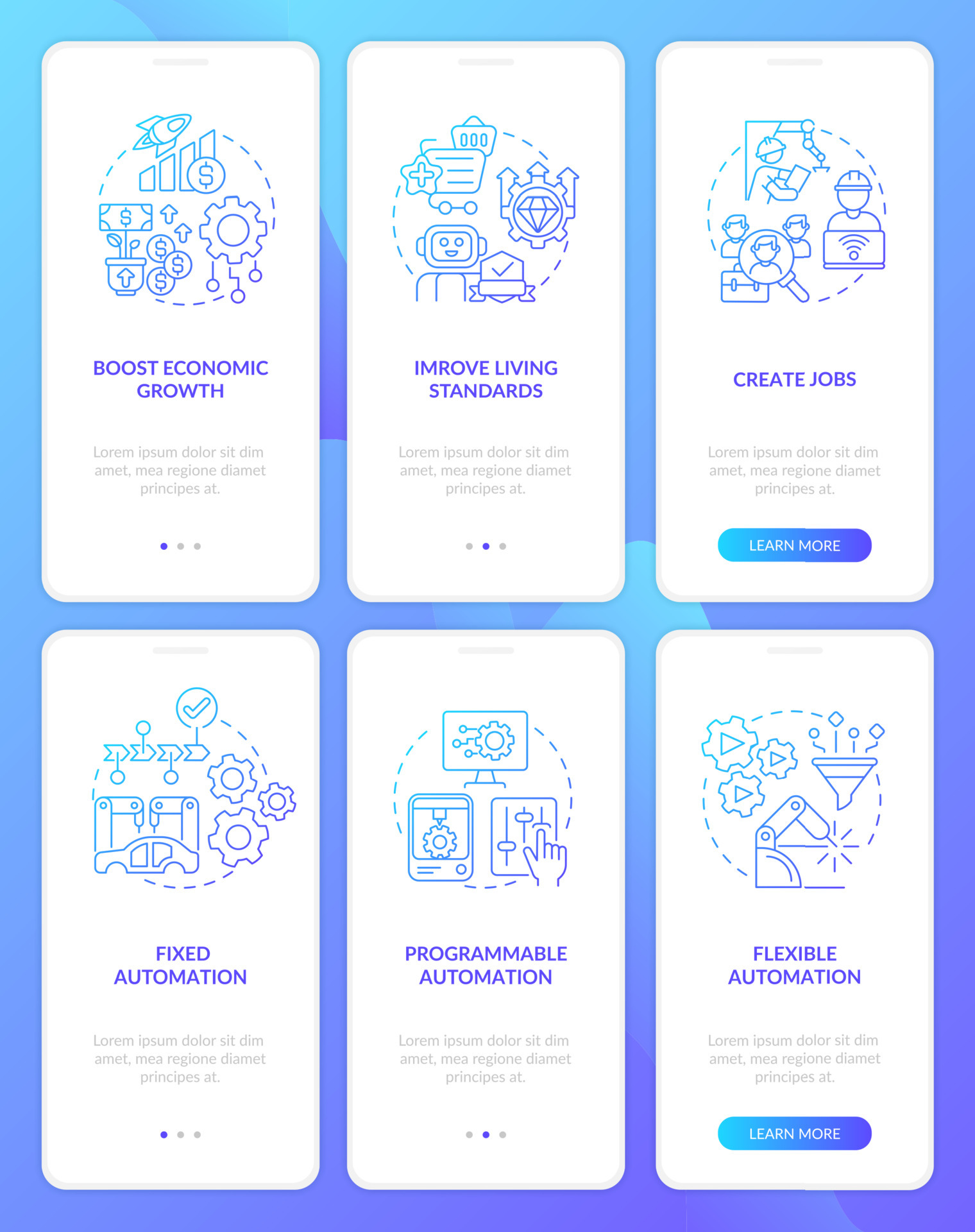 Automation Systems Blue Gradient Onboarding Mobile App Screen Set Walkthrough 3 Steps Graphic