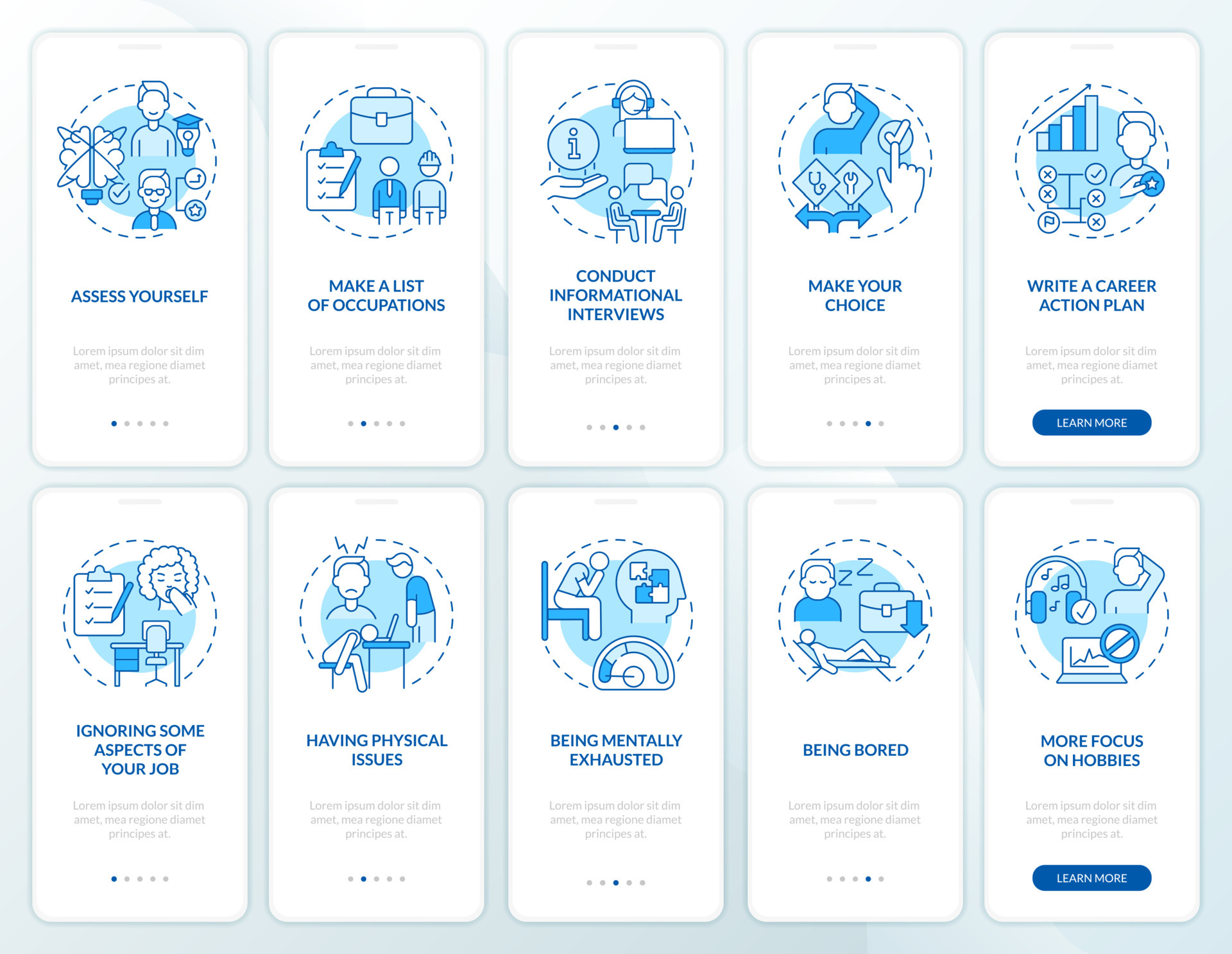 Choosing Best Job Blue Onboarding Mobile App Screen Set Bad Work Choice Walkthrough 5 Steps