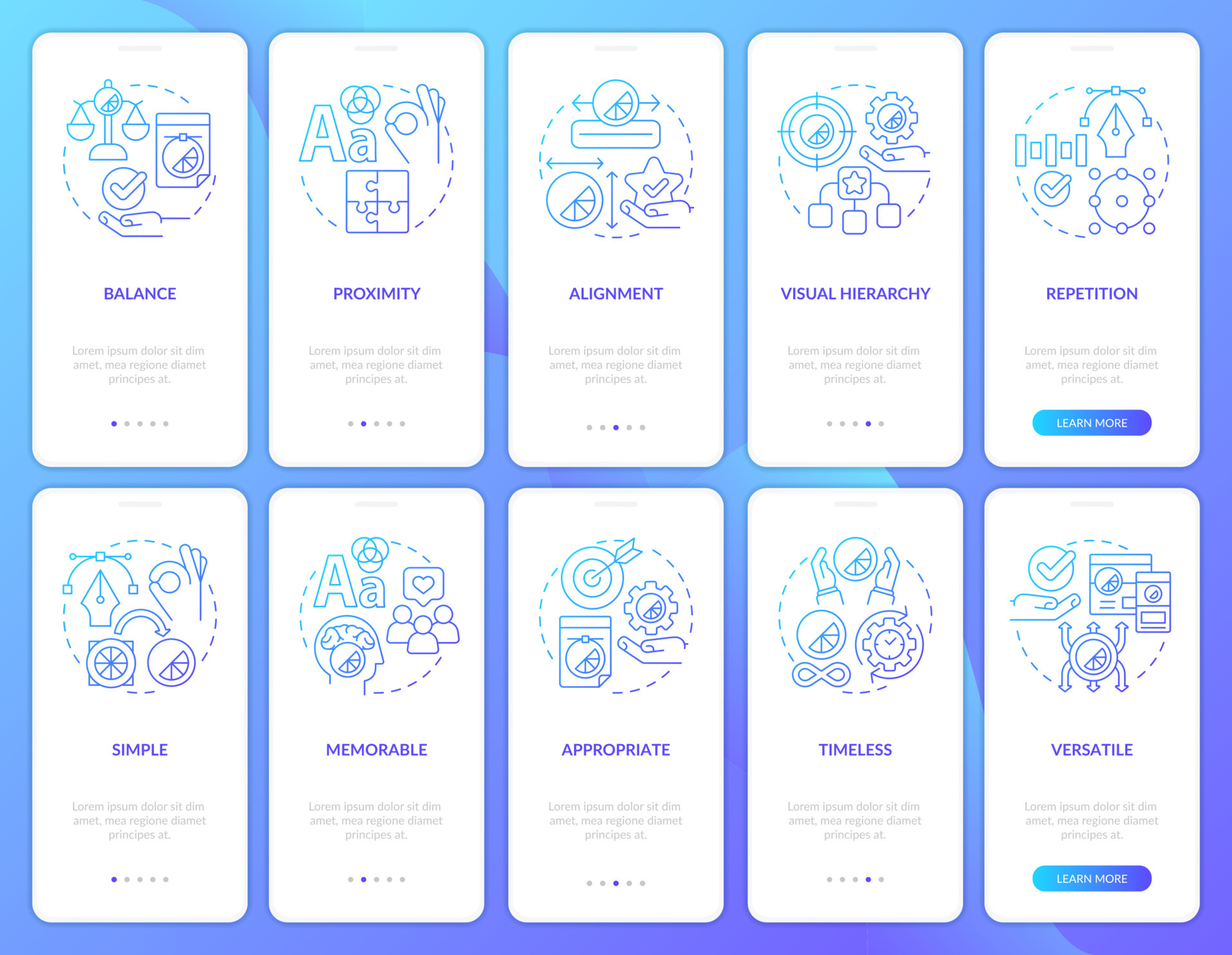 Design Principles Blue Gradient Onboarding Mobile App Screen Set Content Walkthrough 5 Steps