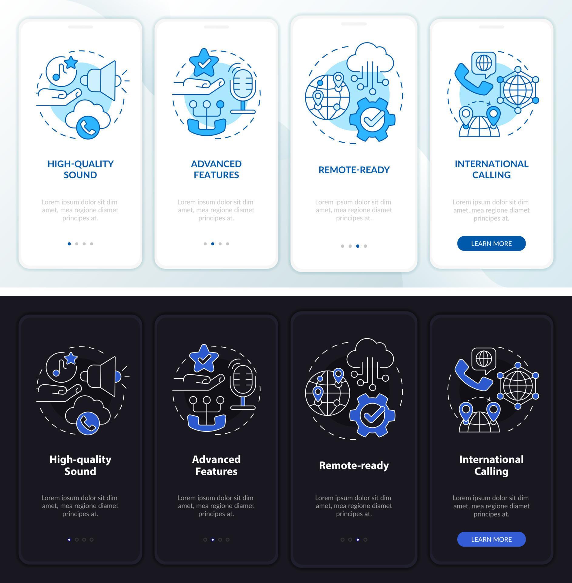 Benefits Of Voip Night And Day Mode Onboarding Mobile App Screen