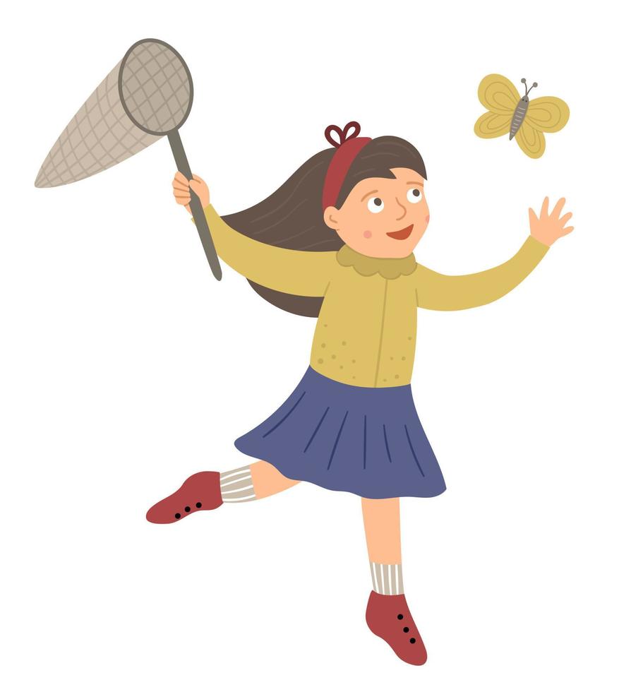 Vector illustration of a girl catching butterfly with a net isolated on ...