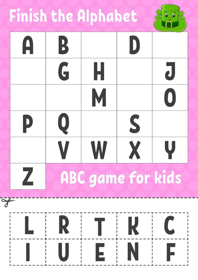 terminar el abecedario. juego abc para niños. corta y pega. hoja de ...