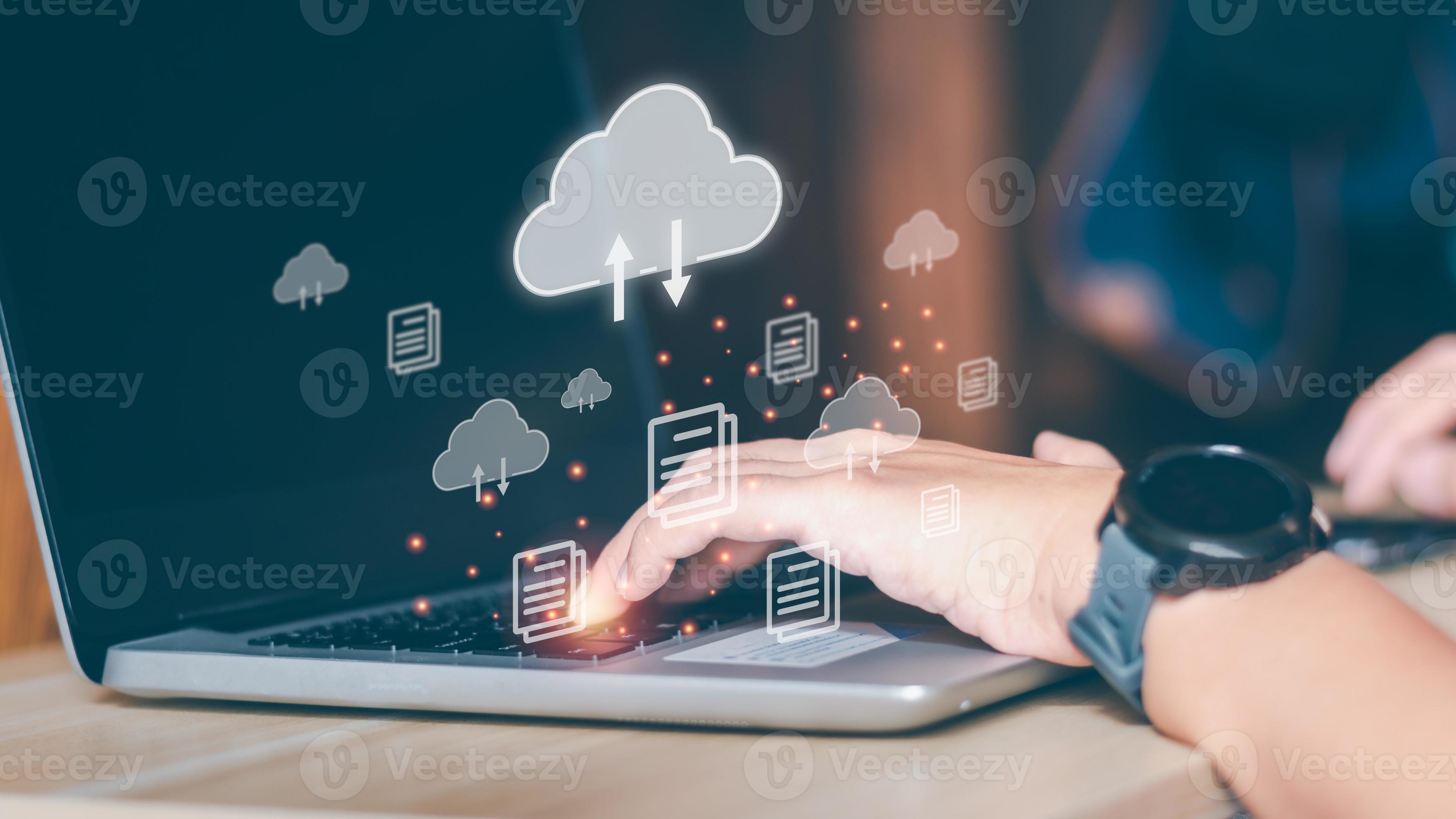 Cloud Storage Technology Concept Businessmen Use Laptops To Synchronize Documents Or Data To