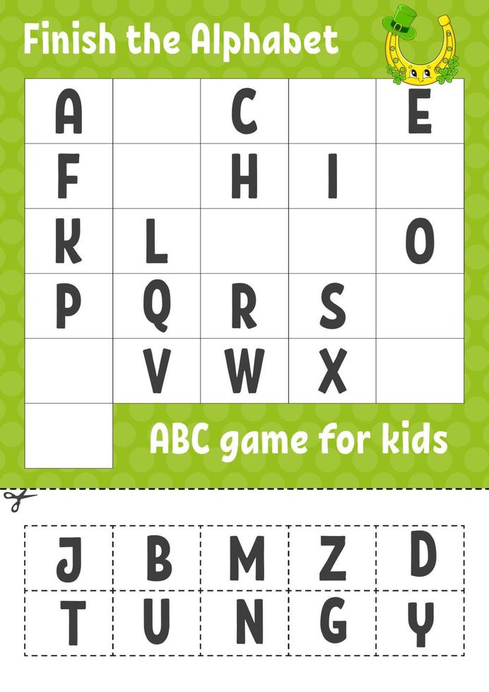 Finish the alphabet. ABC game for kids. Cut and glue. Education developing worksheet. Learning ...