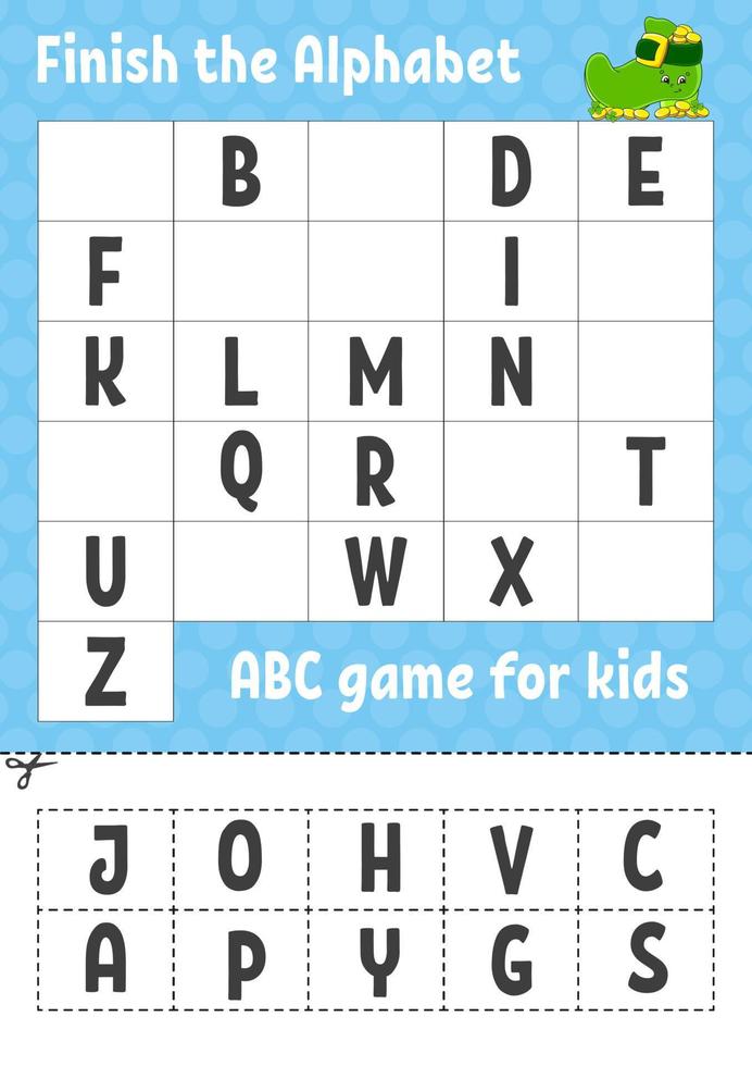 terminar el abecedario. juego abc para niños. corta y pega. hoja de ...
