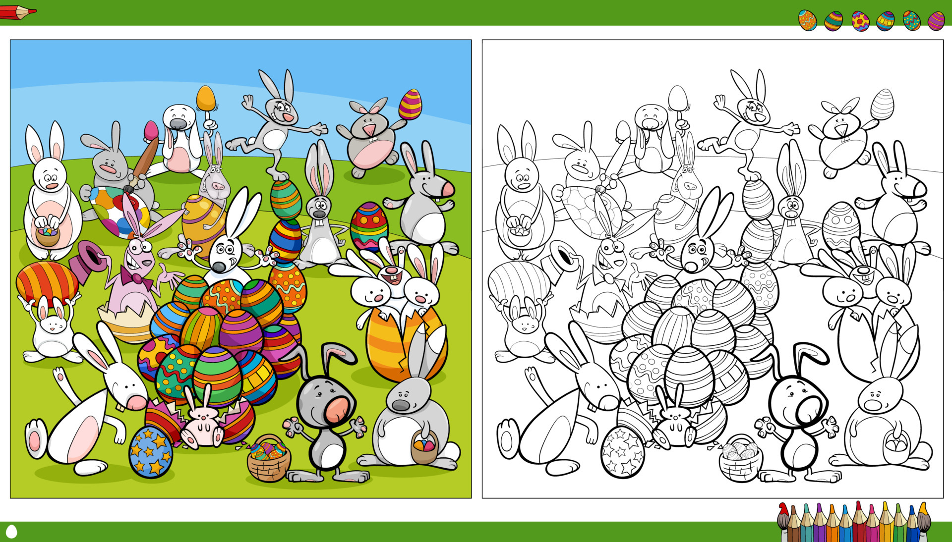 Easter bunnies with Easter eggs coloring book page 6876405 Vector Art ...