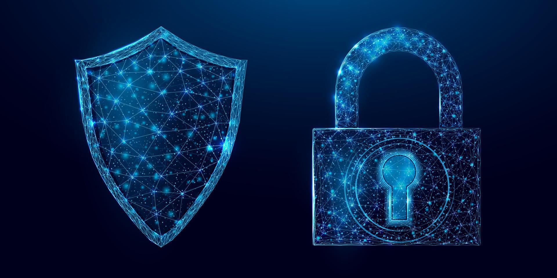 Guard shield and padlock. Cyber security concept with glowing low poly shield and lock on dark ...