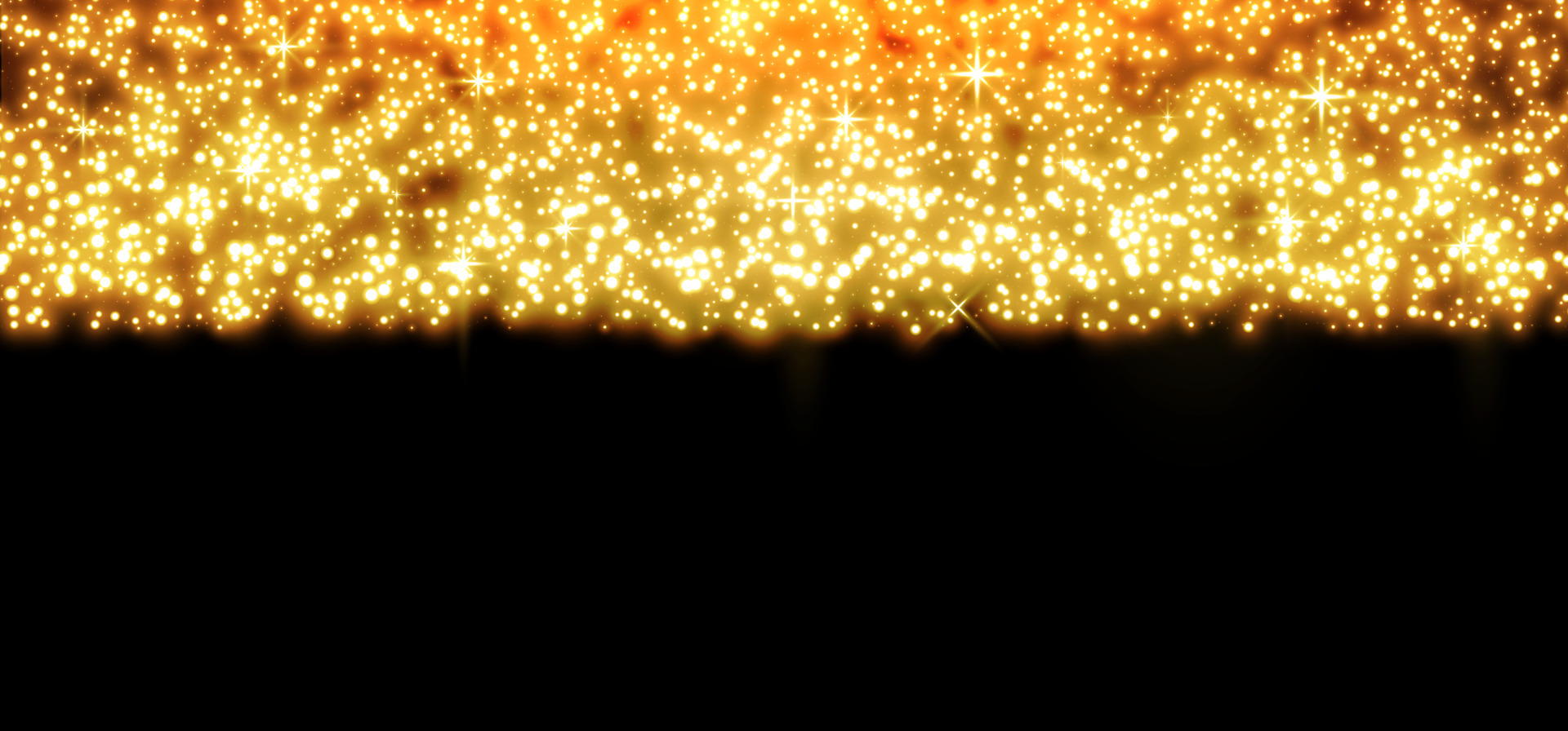 Gold glittering dots, sparkles, particles and stars on a black background. Abstract light effect ...