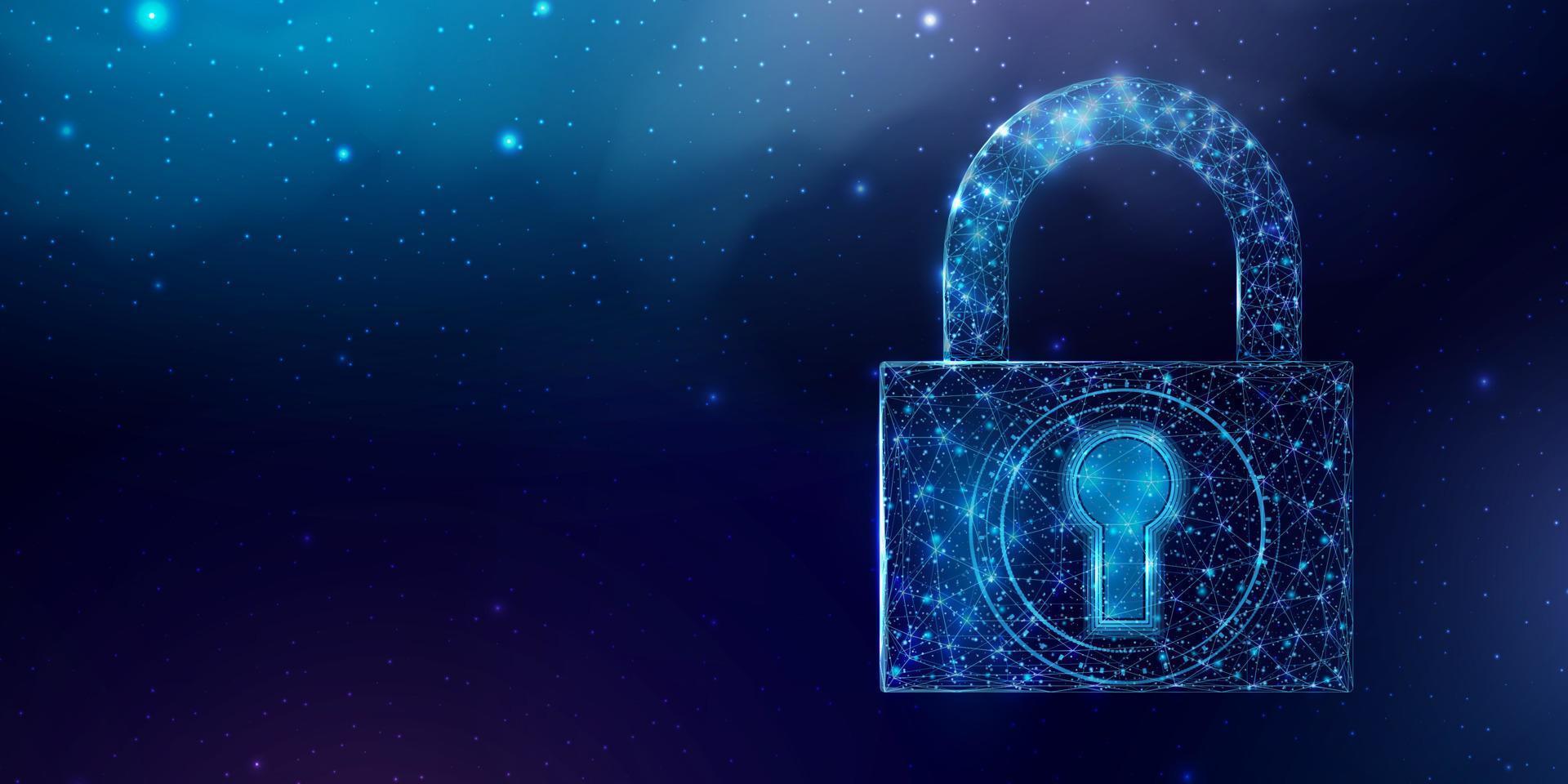 Padlock. Cyber security concept with glowing low poly lock on dark blue ...